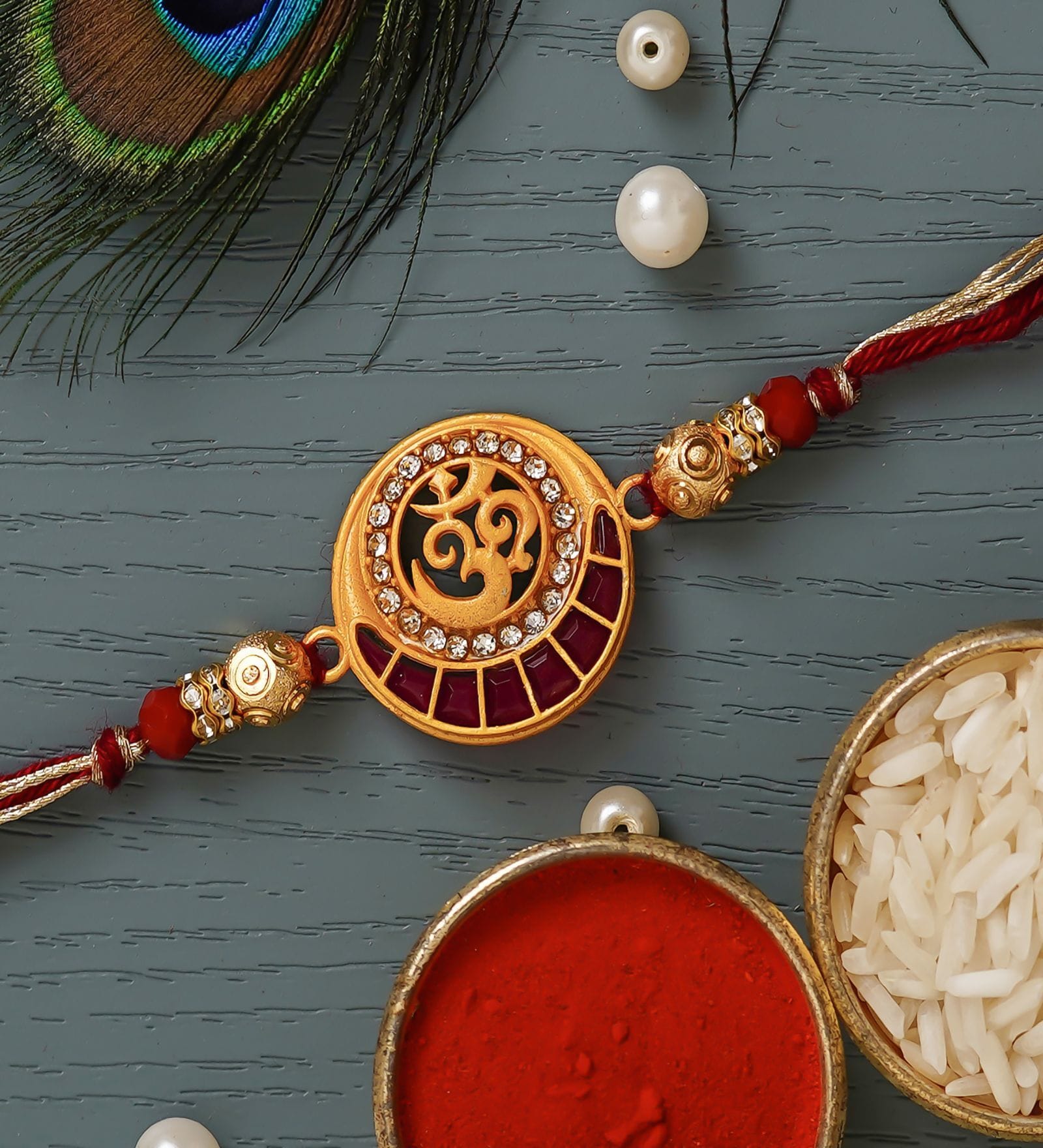 Buy Red & Golden Religious Om Symbol Designer Rakhi with Roli Chawal ...