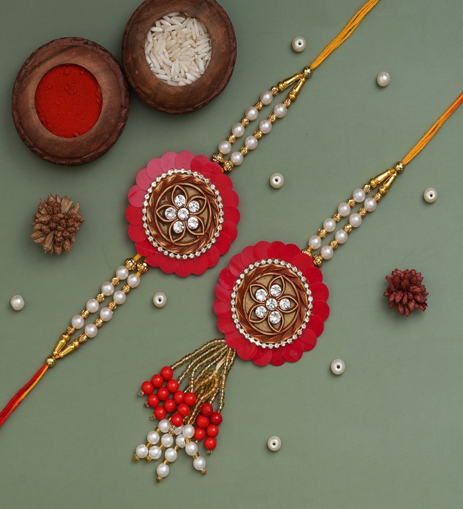 Buy Red & White Pearls, Designer Bhaiya Bhabhi Rakhi Set with Roli ...