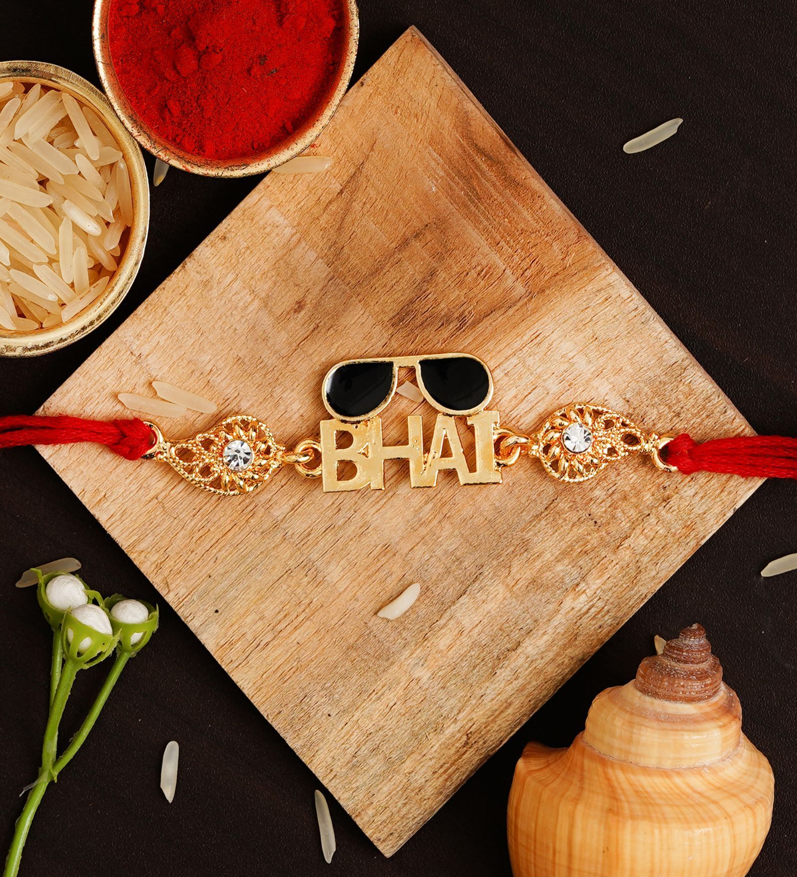 Buy Red, Golden & Black Goggle with Bhai Word Fancy Designer Rakhi with ...