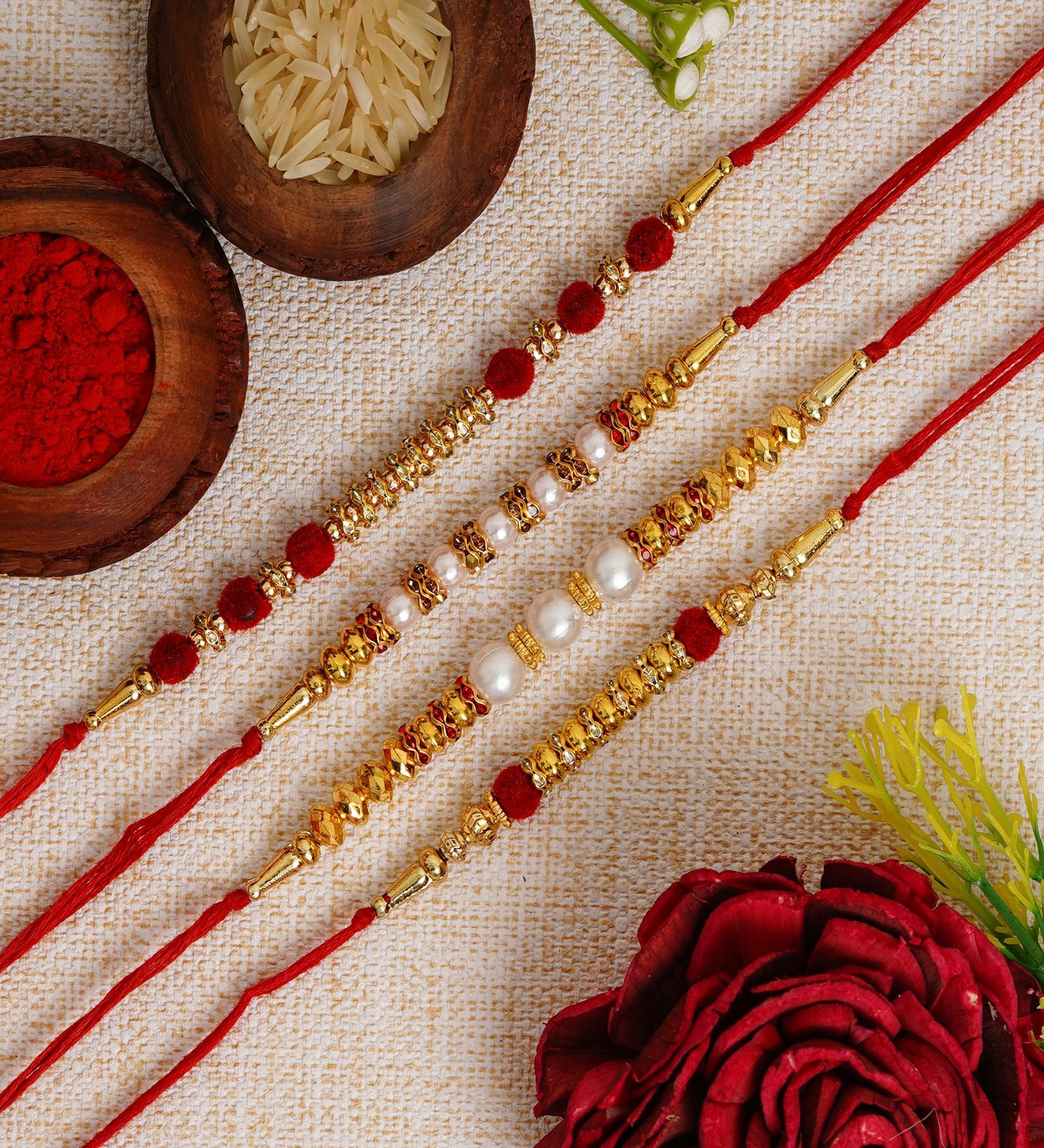 Buy Red, Golden & White Set of 4 Beads, Pearl, Diamond Designer Rakhis ...