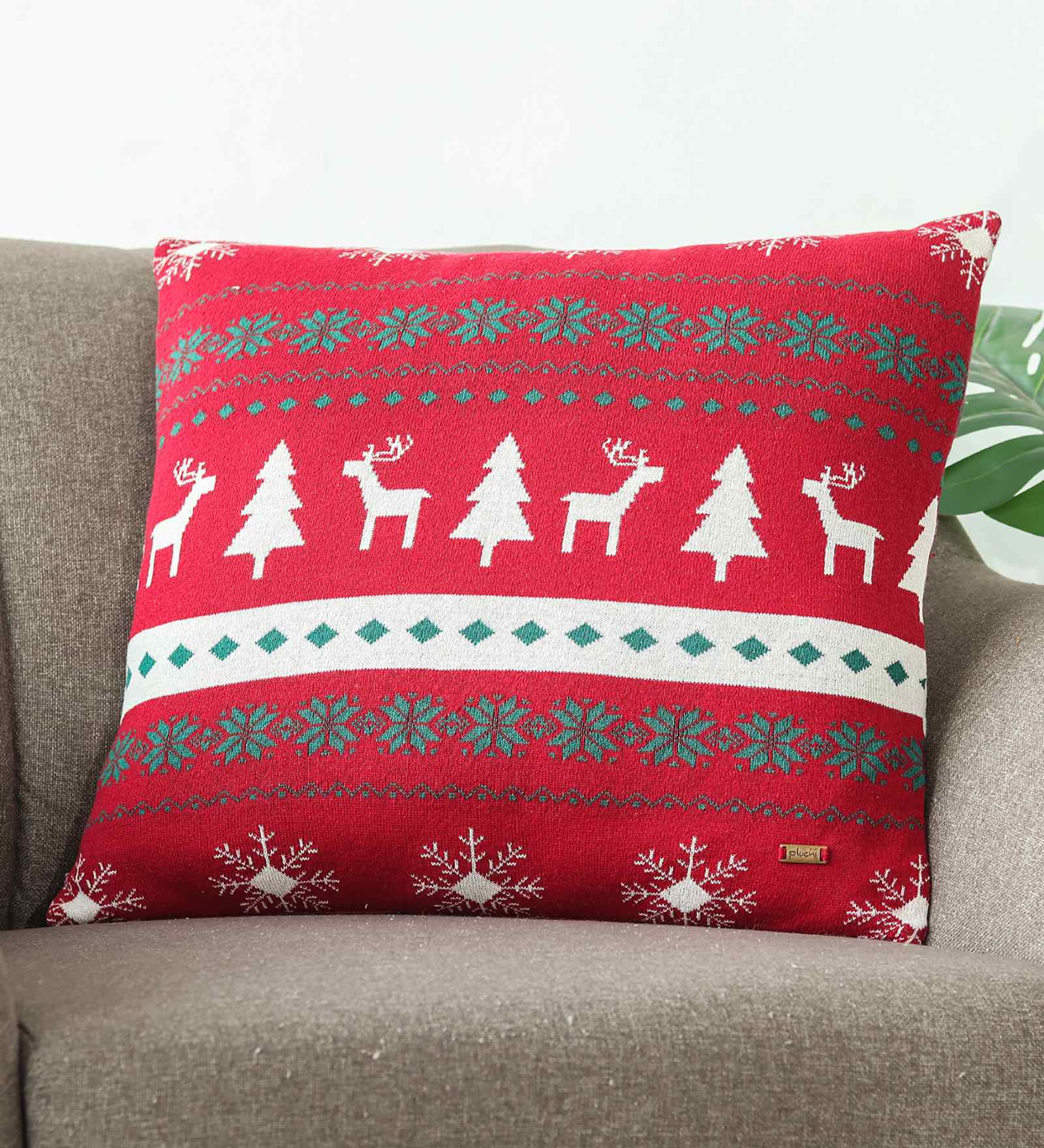 Buy Red and Green 100% Cotton Reindeer 20X20 Inches Knitted Cushion ...