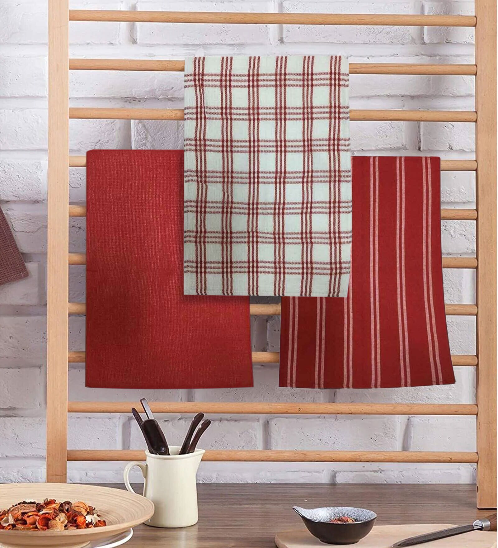 Buy Red 100% Cotton Patterned 200 GSM Multipurpose Hand Towels (Set of ...