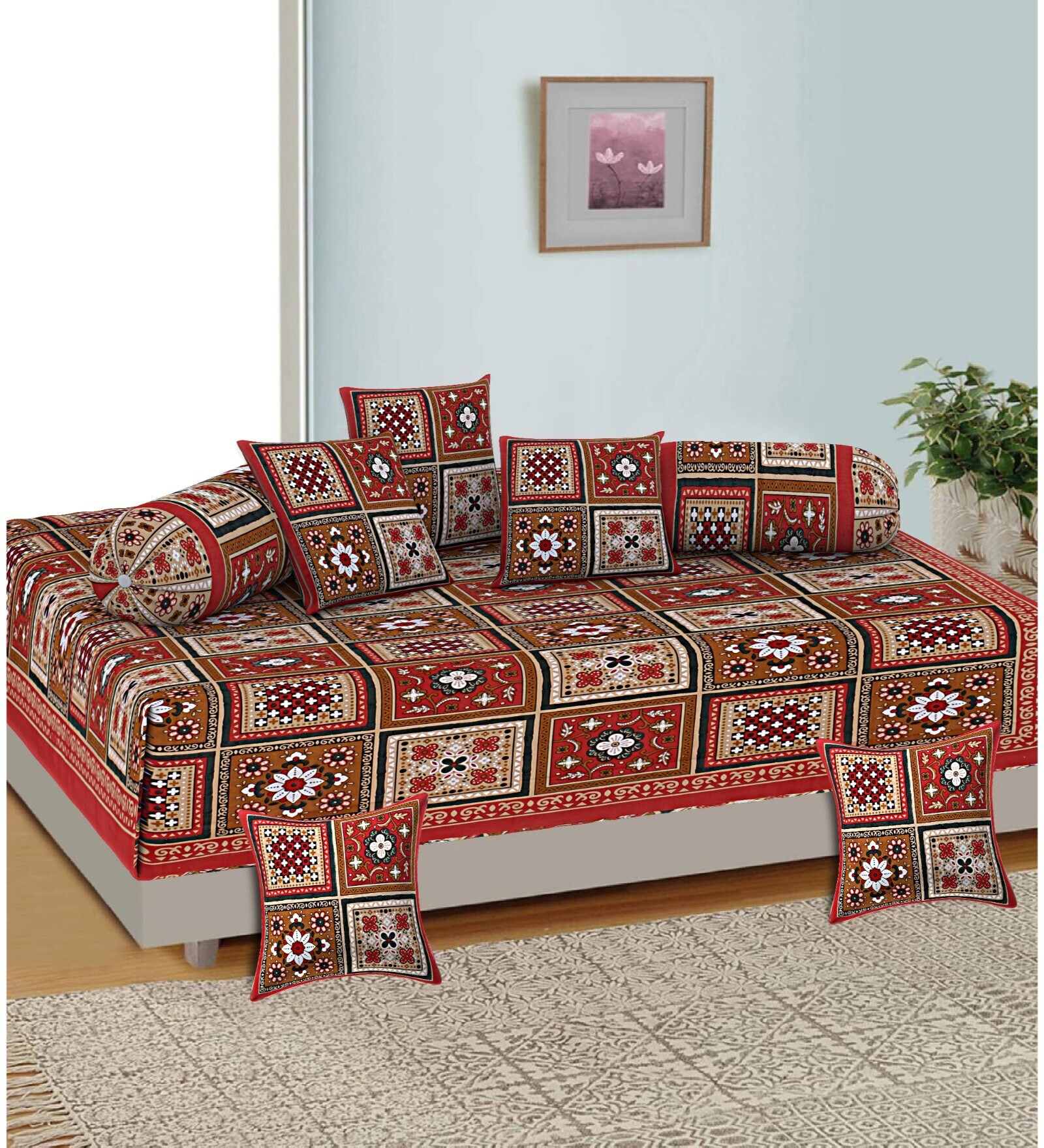 Buy Red 180 TC 100% Cotton (Set of 8) Pieces Diwan Set at 40% OFF by AJ ...
