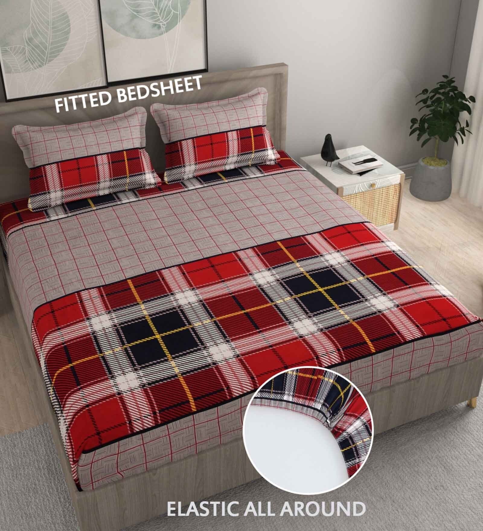 Buy Red Checkered 220 TC Microfiber King Size Fitted Bedsheet With 2 ...