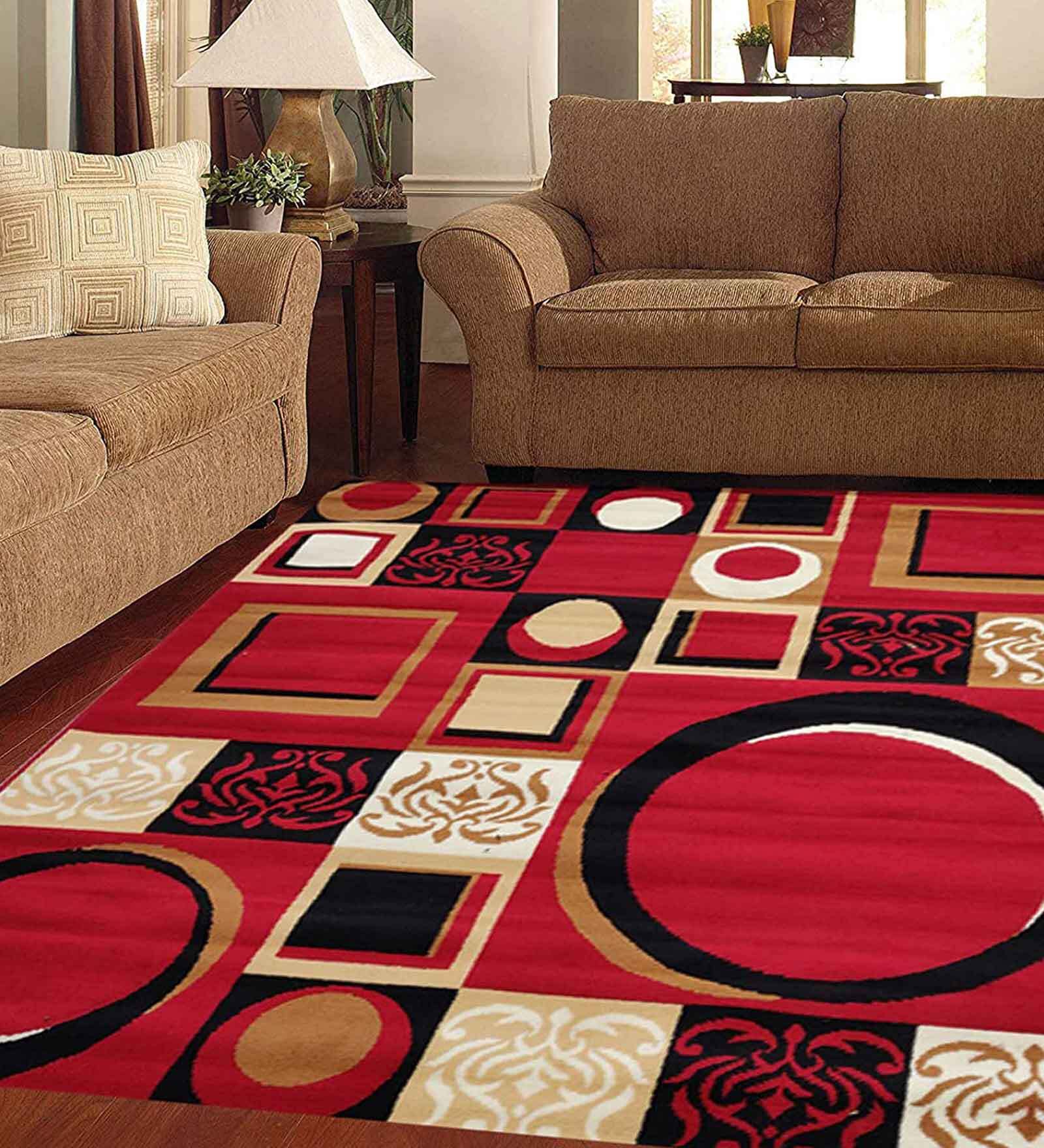 Buy Red Geometric Acrylic 3 ft x 5 ft Machine Made Carpet by Rida ...