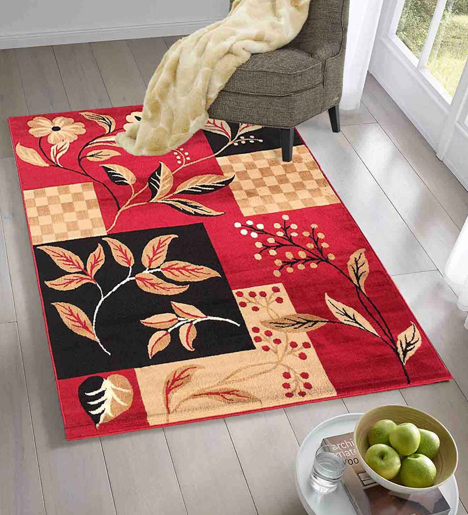Buy Red Floral Acrylic 8 ft x 10 ft Machine Made Carpet by Rida ...