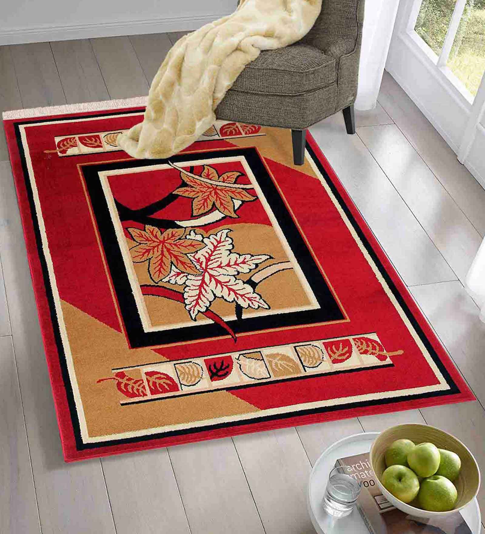 Buy Red Floral Acrylic 8 ft x 10 ft Machine Made Carpet by Rida ...