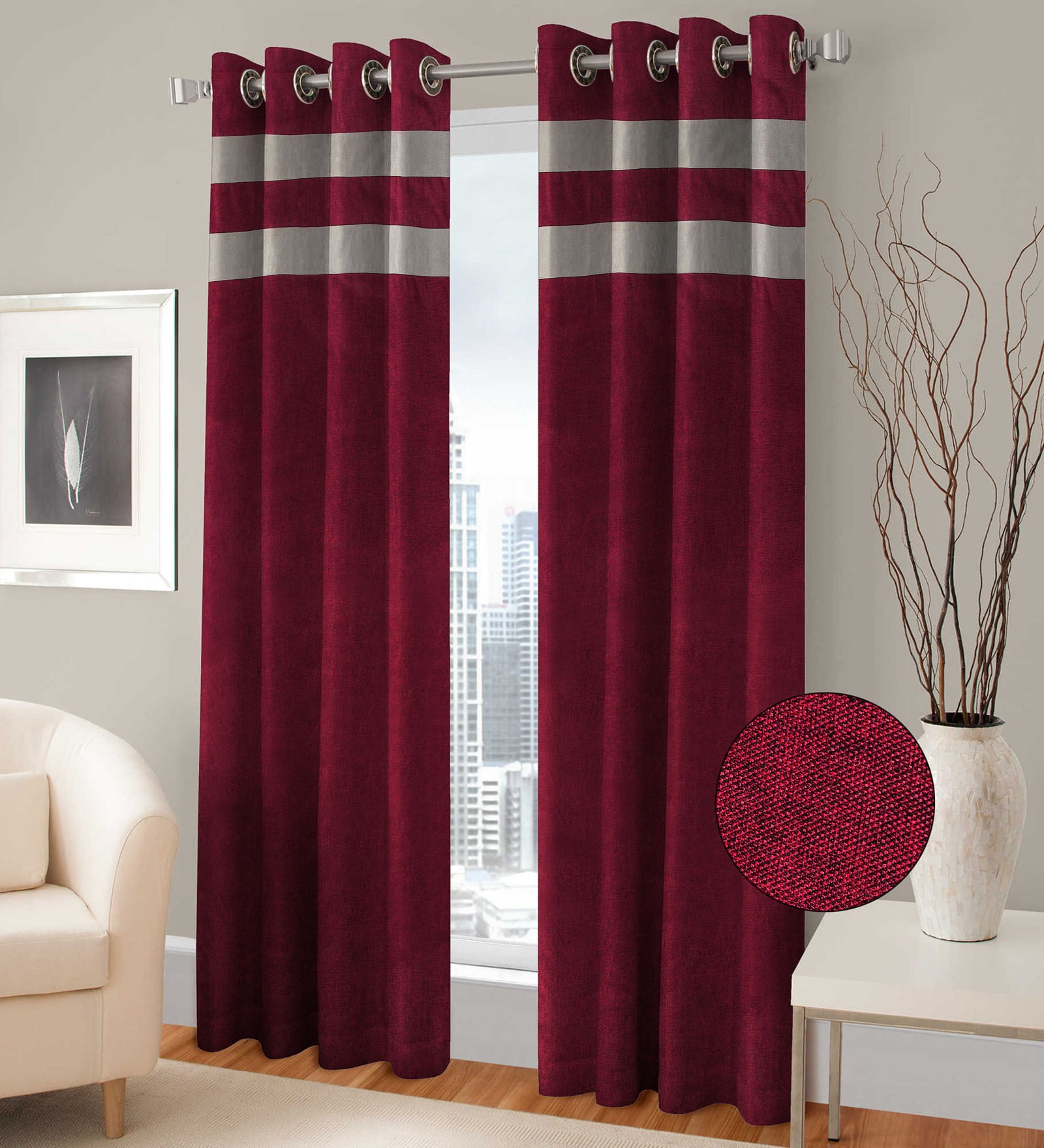Buy Red Striped Jute 5 Ft Semisheer Eyelet Window Curtain at 61% OFF by ...