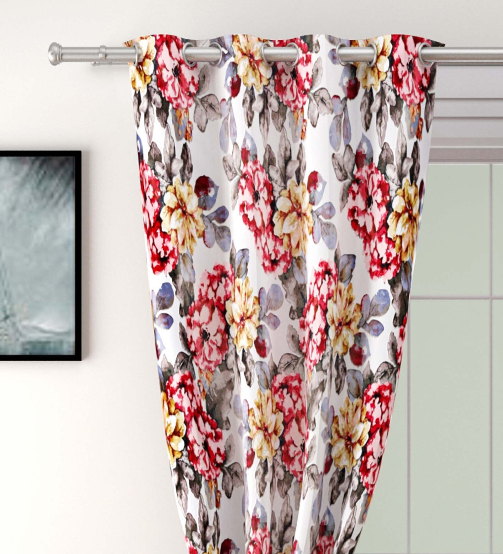 Buy Red Faux Silk Floral 5 Ft Blackout Eyelet 2 Window Curtains By ...