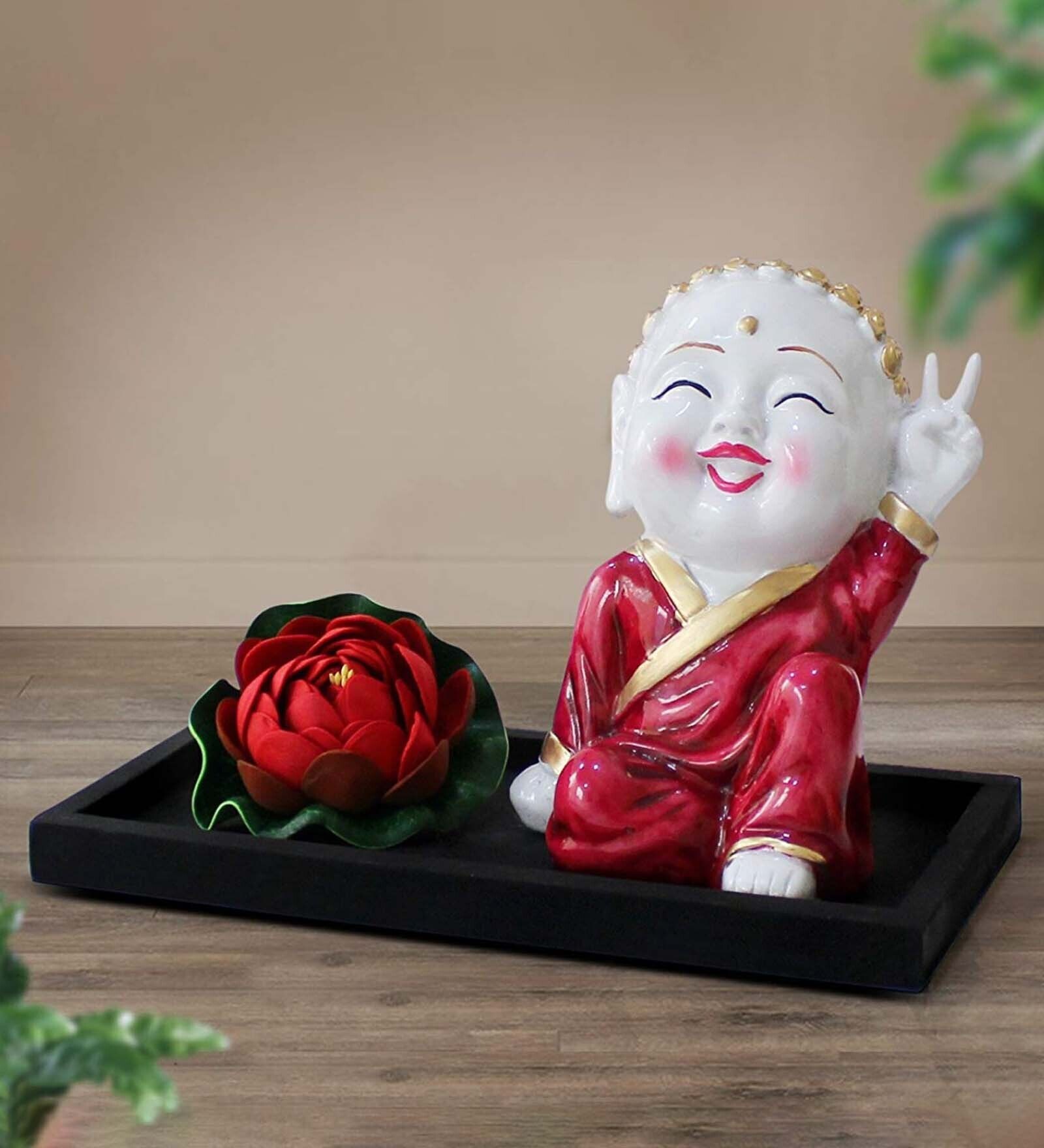 Buy Red Buddha Idol With Tray And Flower Polyresin Showpiece at 34% OFF ...