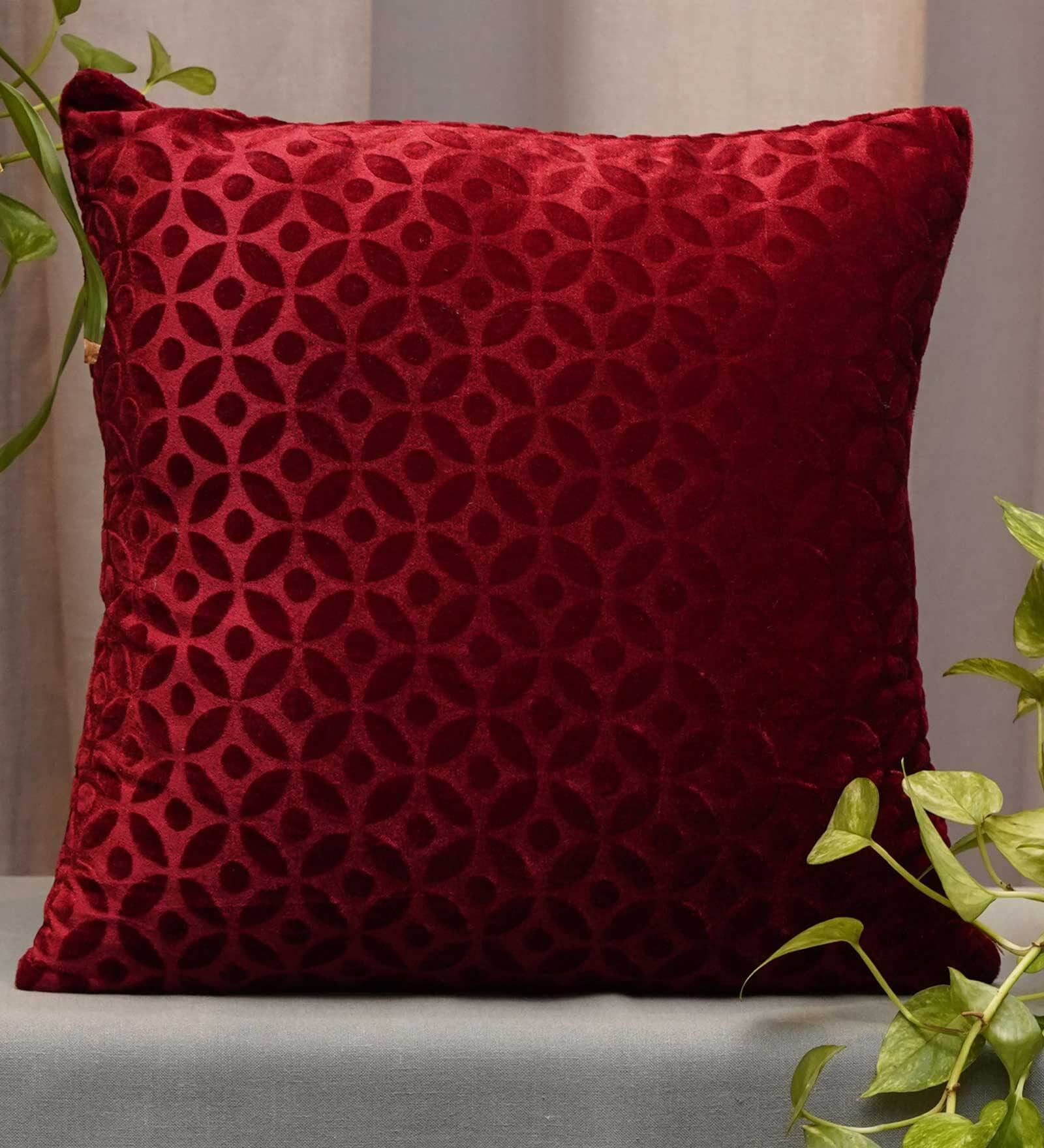 Buy Red Traditional Velvet Blend 16 x 16 Inches Cushion Cover by Zeba ...