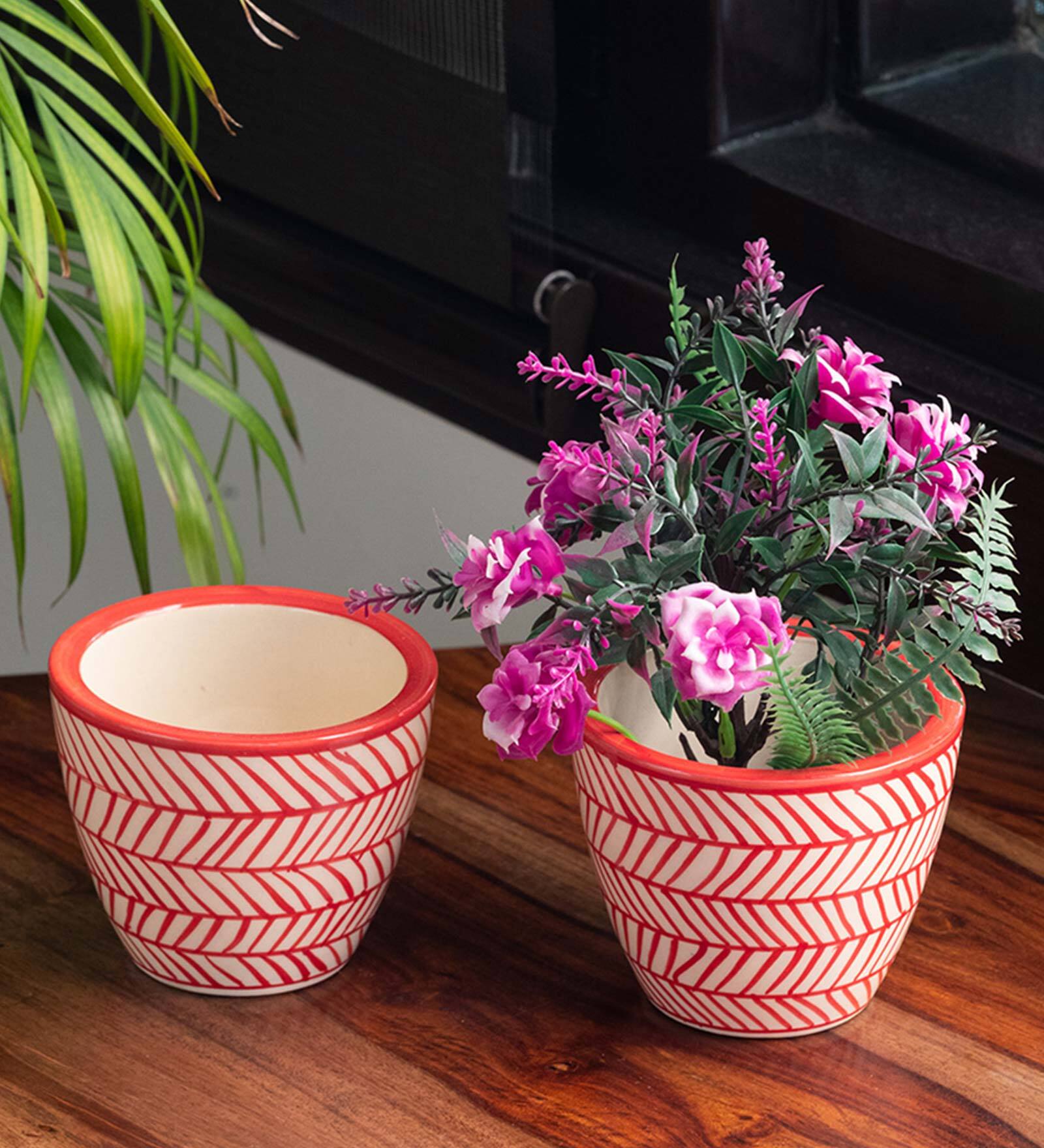 Buy Red Chevrons (Set Of 2) Ceramic Table Planter at 44% OFF by ExclusiveLane | Pepperfry