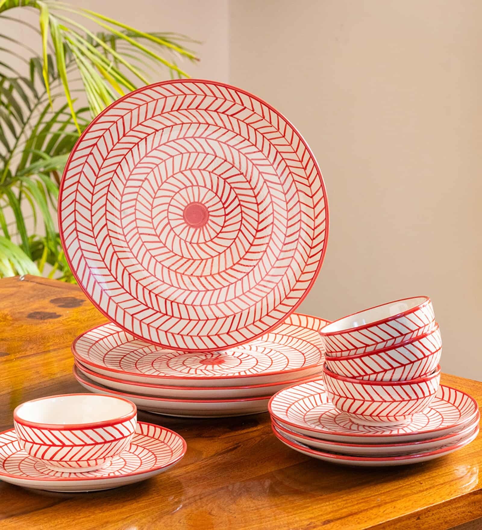 Buy Chevrons 12 Pcs Red & White Ceramic Dinnerware Set at 49% OFF by ExclusiveLane | Pepperfry