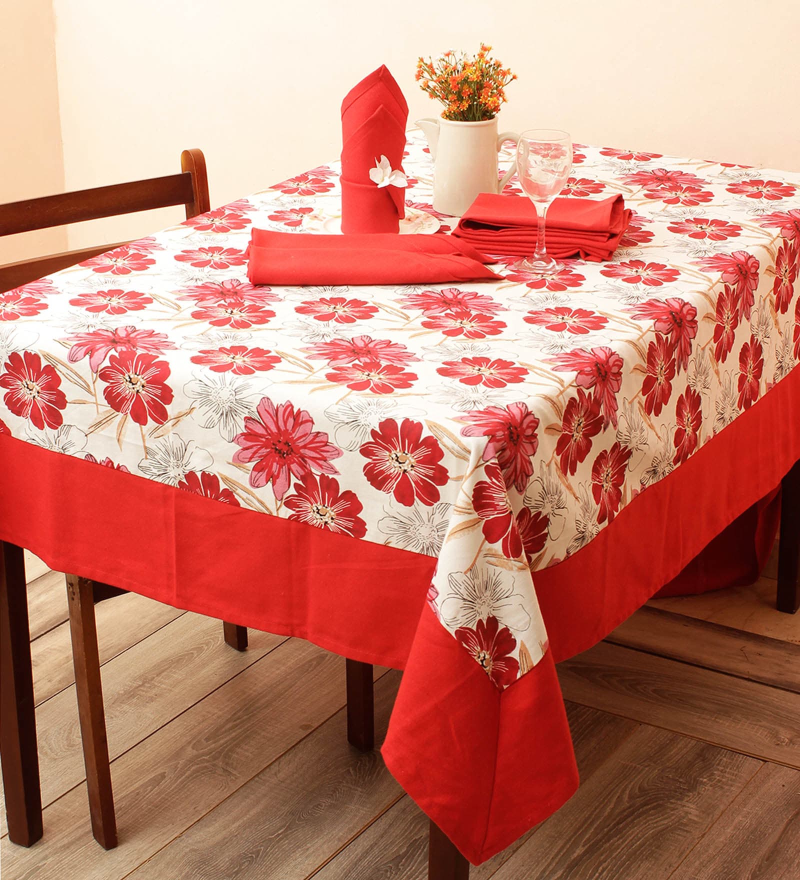 Buy Floral Pattern Red Cotton 90x60 Inch Table Cloth With 6 Napkins by ...
