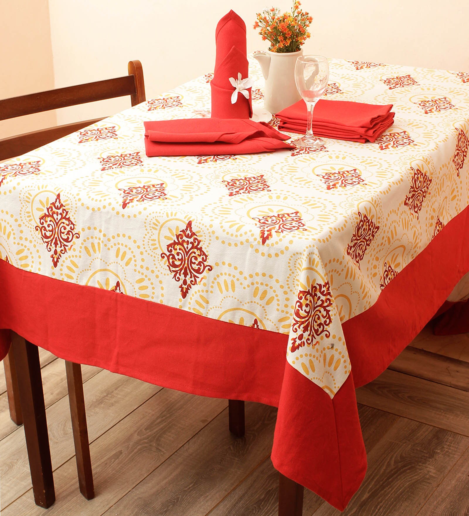 Buy Triolet (90x60) Cream & Red Cotton (Set of 7) Table Cloth at 55% ...