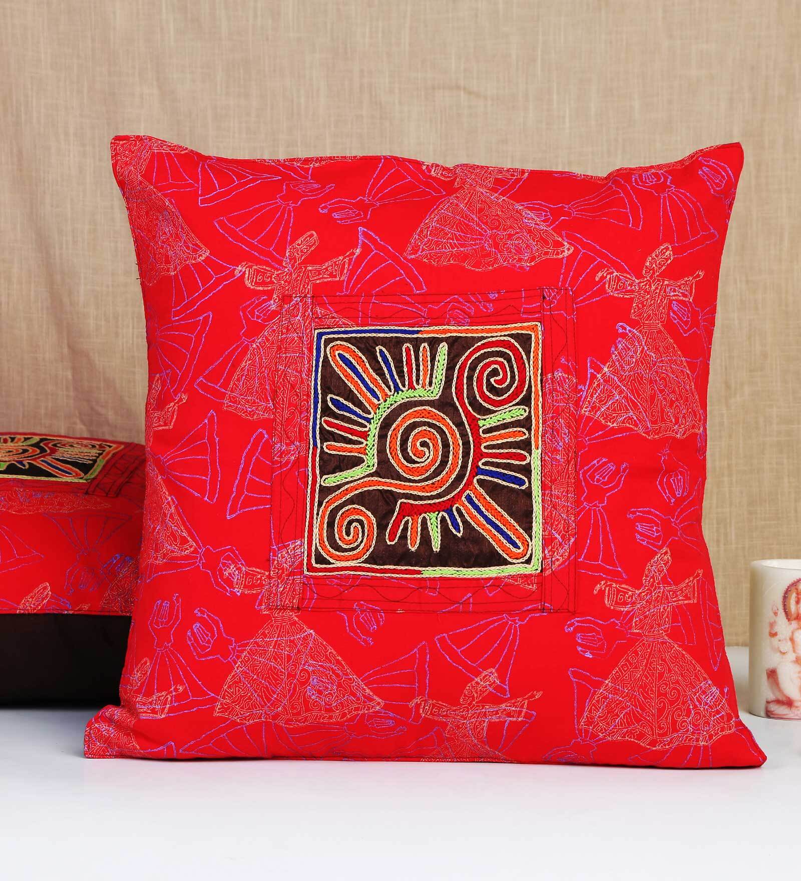 Buy Red Cotton Ethnic motif 16x16 inches Cushion Covers (Set of 2) by ...