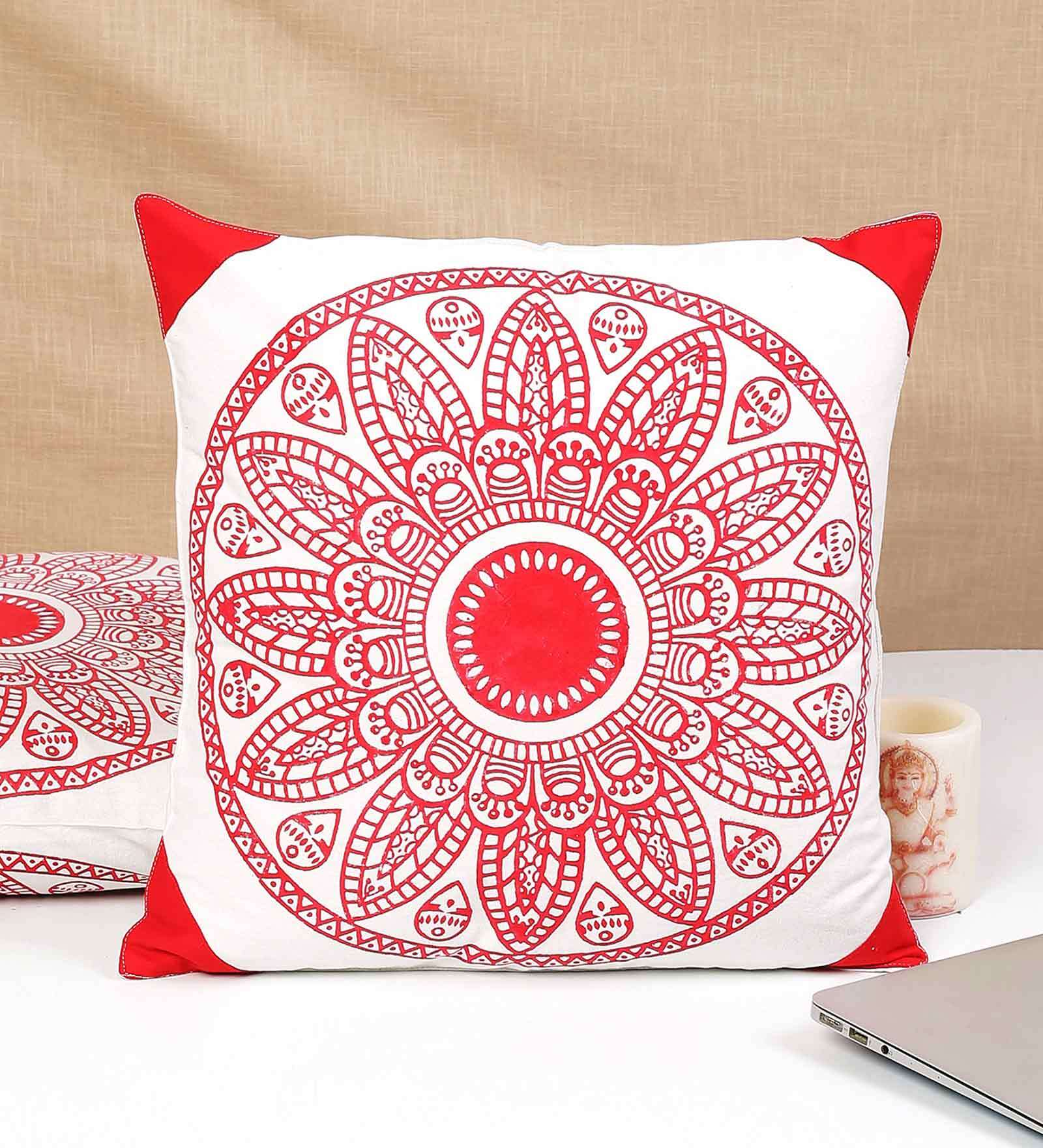 Buy Red Cotton Ethnic motif 16x16 inches Cushion Covers (Set of 2) by ...