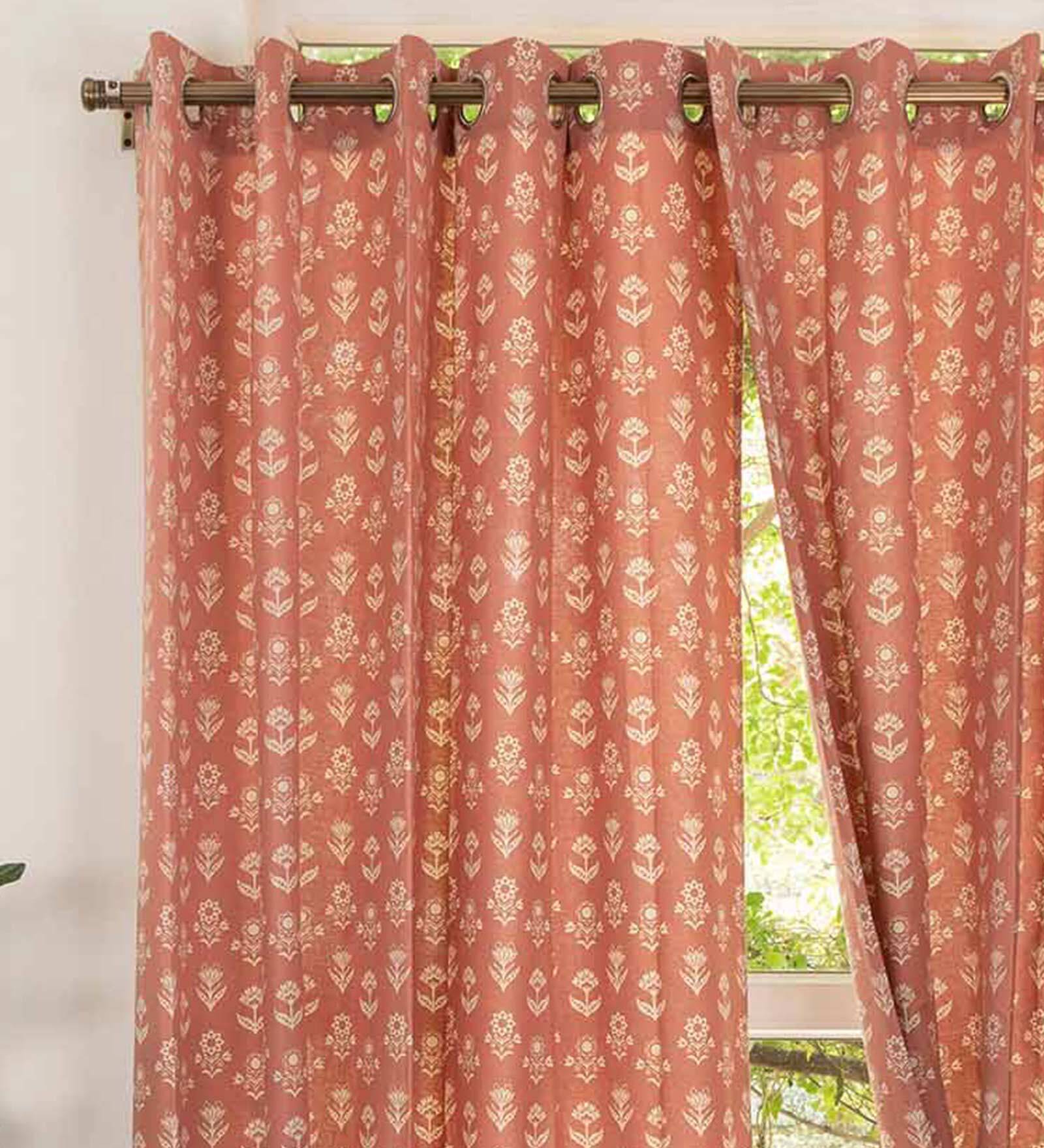 Buy Red Floral Cotton 7.5 Ft Semisheer Eyelet Door Curtain by The ...