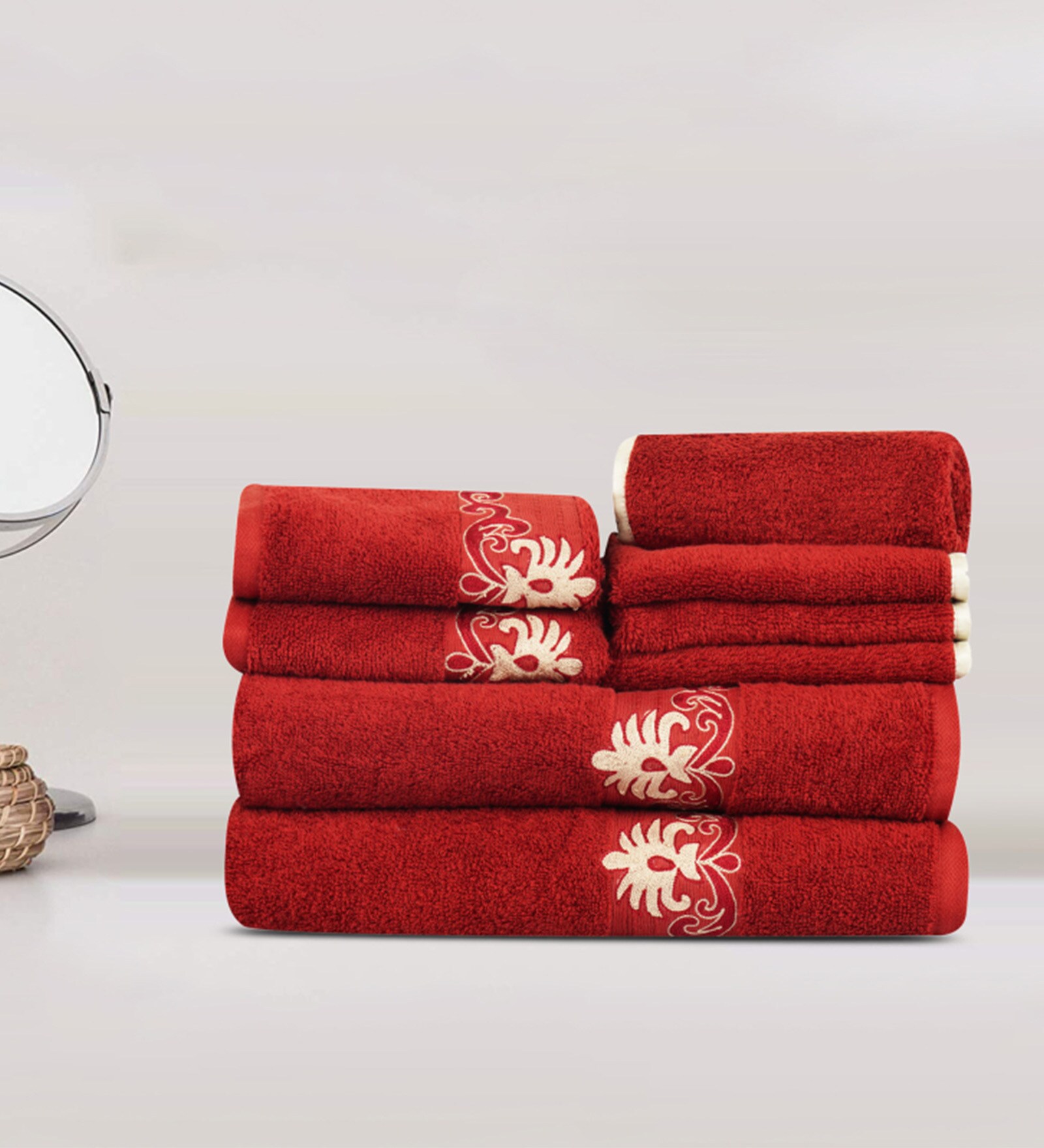 Buy Red Cotton Patterned 500 GSM Towel Set 8 Pieces at 60% OFF by LUSH ...