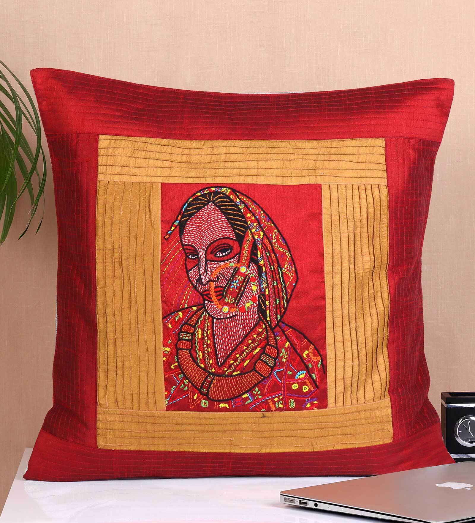 Buy Red Traditional Dupion Silk 20 x 20 Inches Cushion Covers (Set of 2 ...