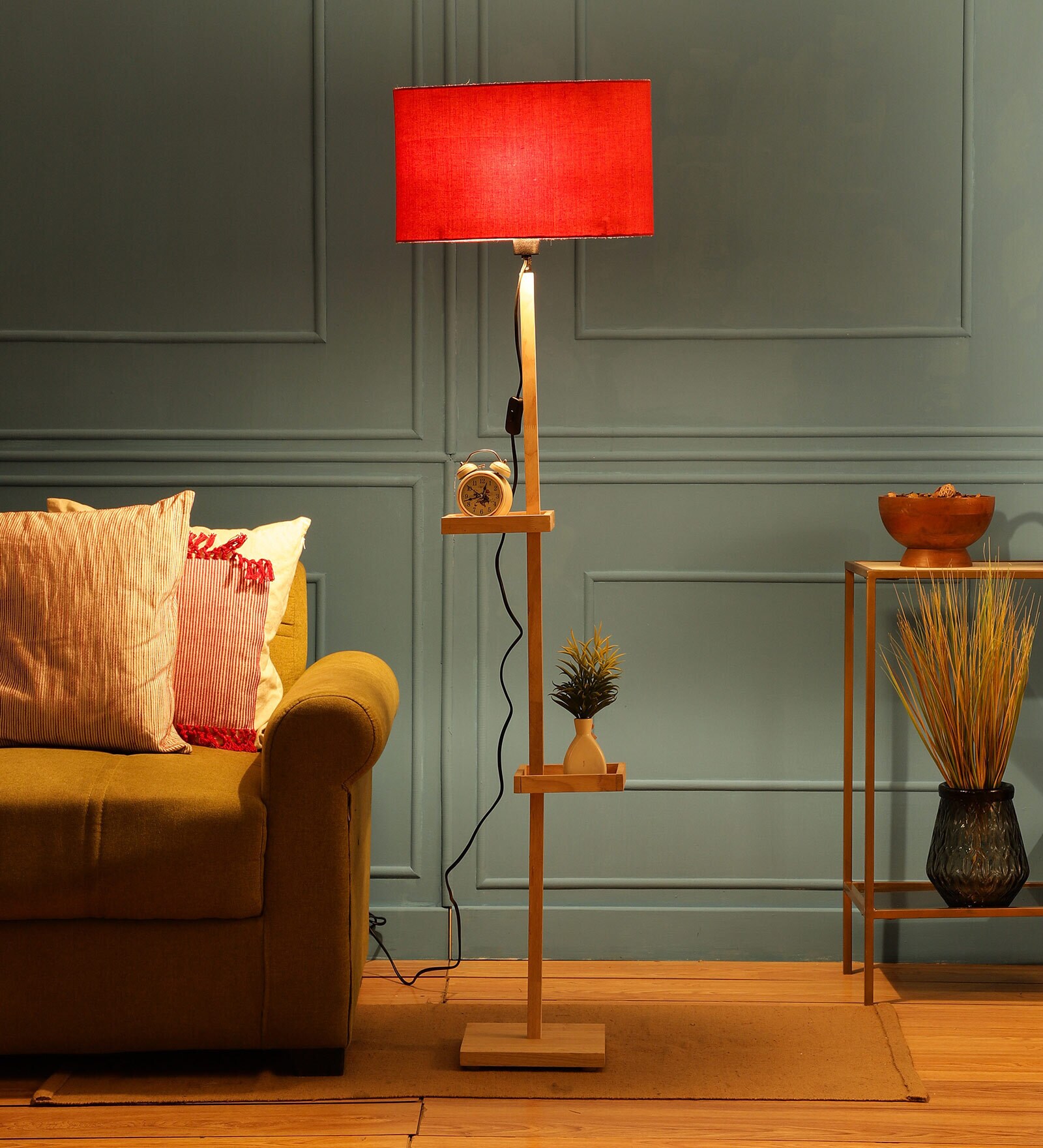 Buy Elegant Red Fabric Shade Shelf Floor Lamp With Wood Base at 39% OFF ...