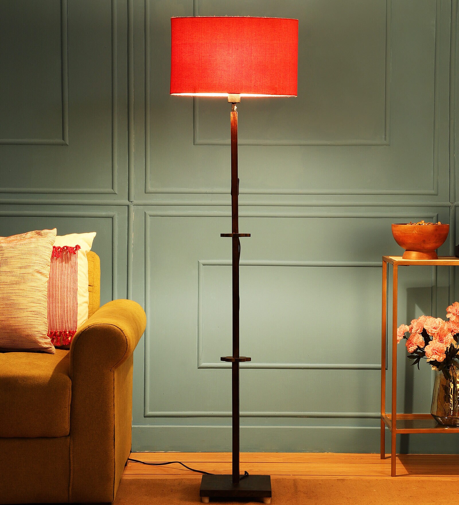 Buy Potenza Red Fabric Shade Club Floor Lamp With Wood Base at 32% OFF ...