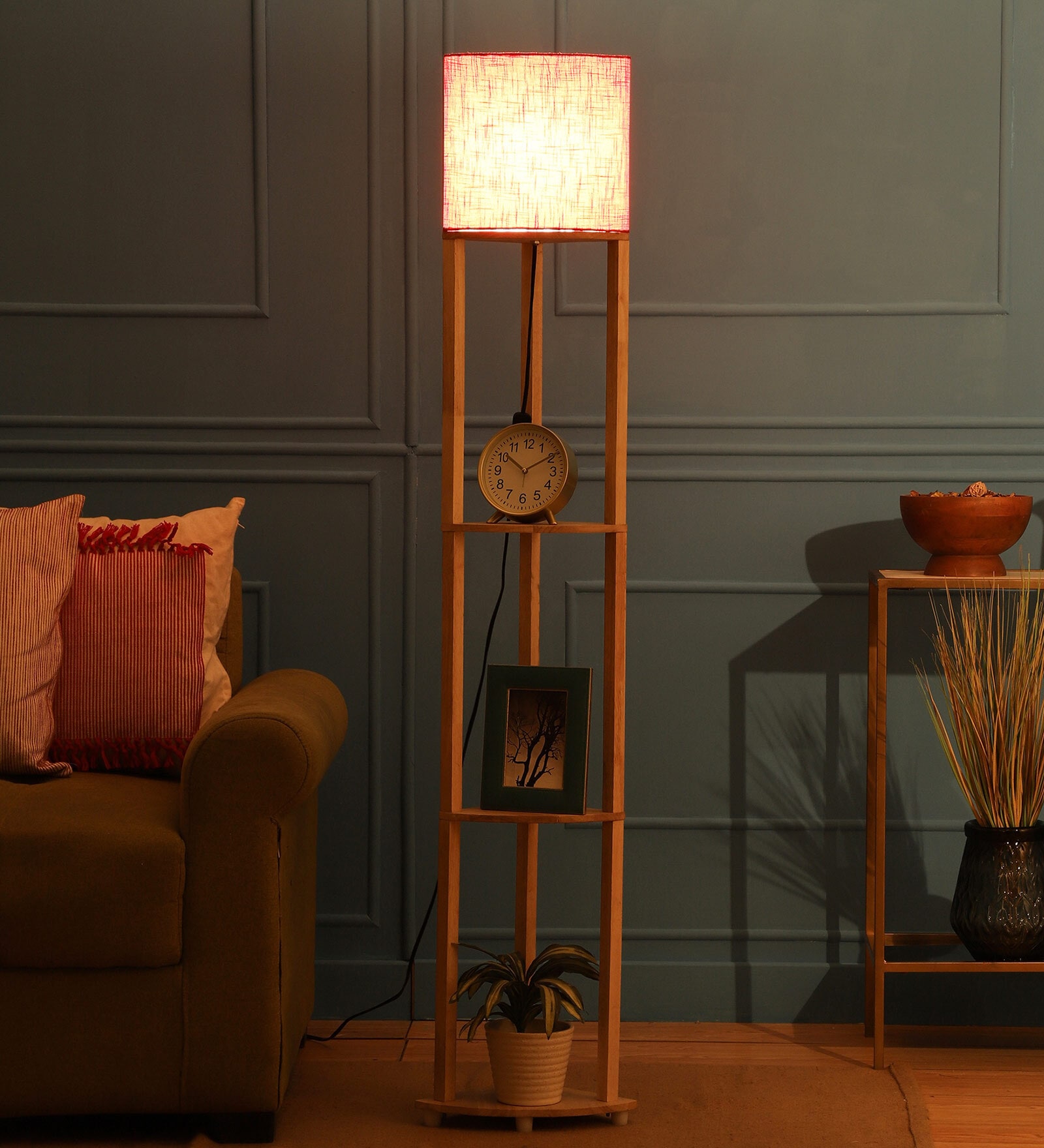 Buy Uniqualy Red Fabric Shade Shelf Floor Lamp With Wood Base at 39% ...