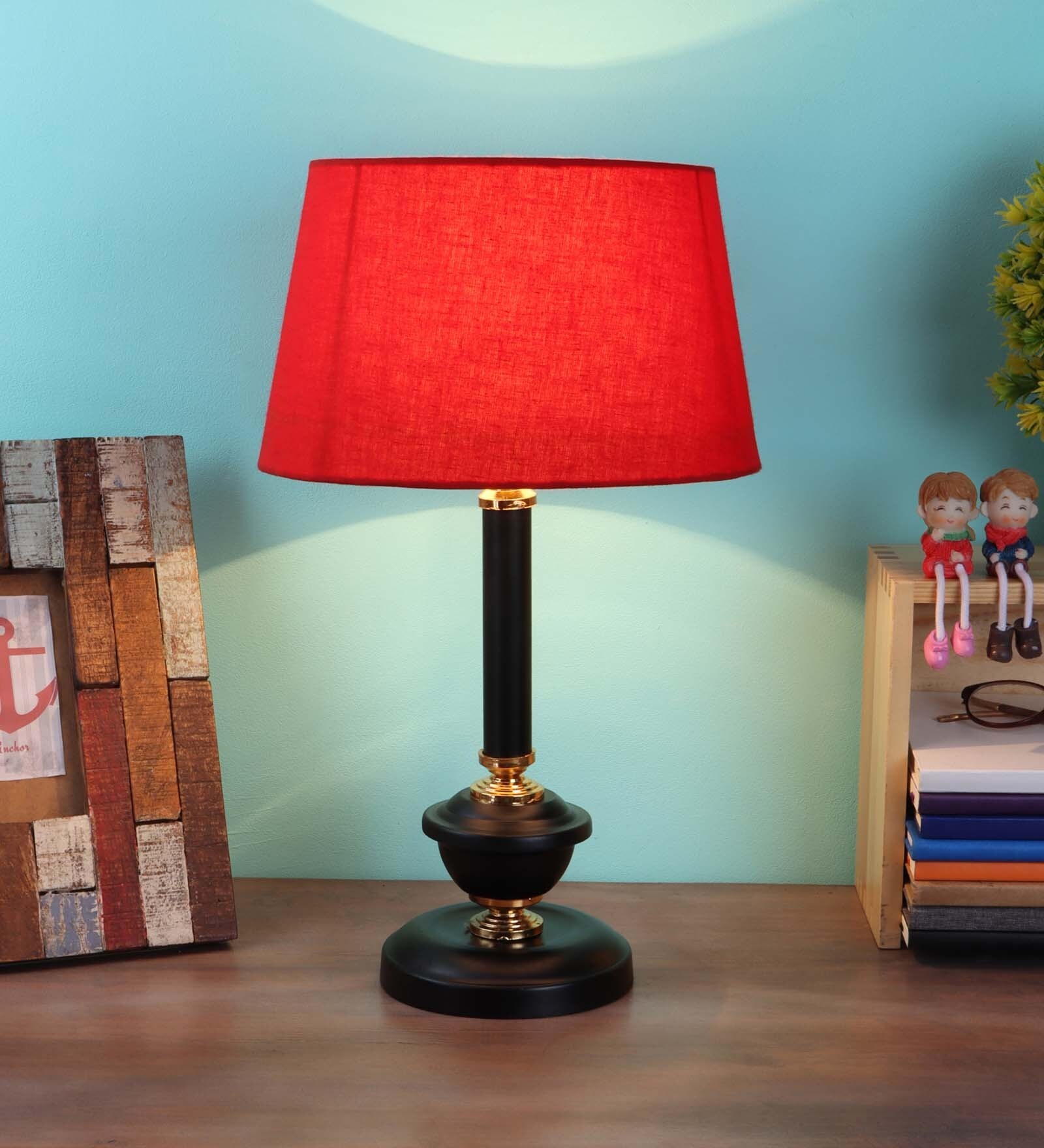Buy Canvas Red Fabric Shade Night Lamp With Metal Base By Foziq at 50% ...