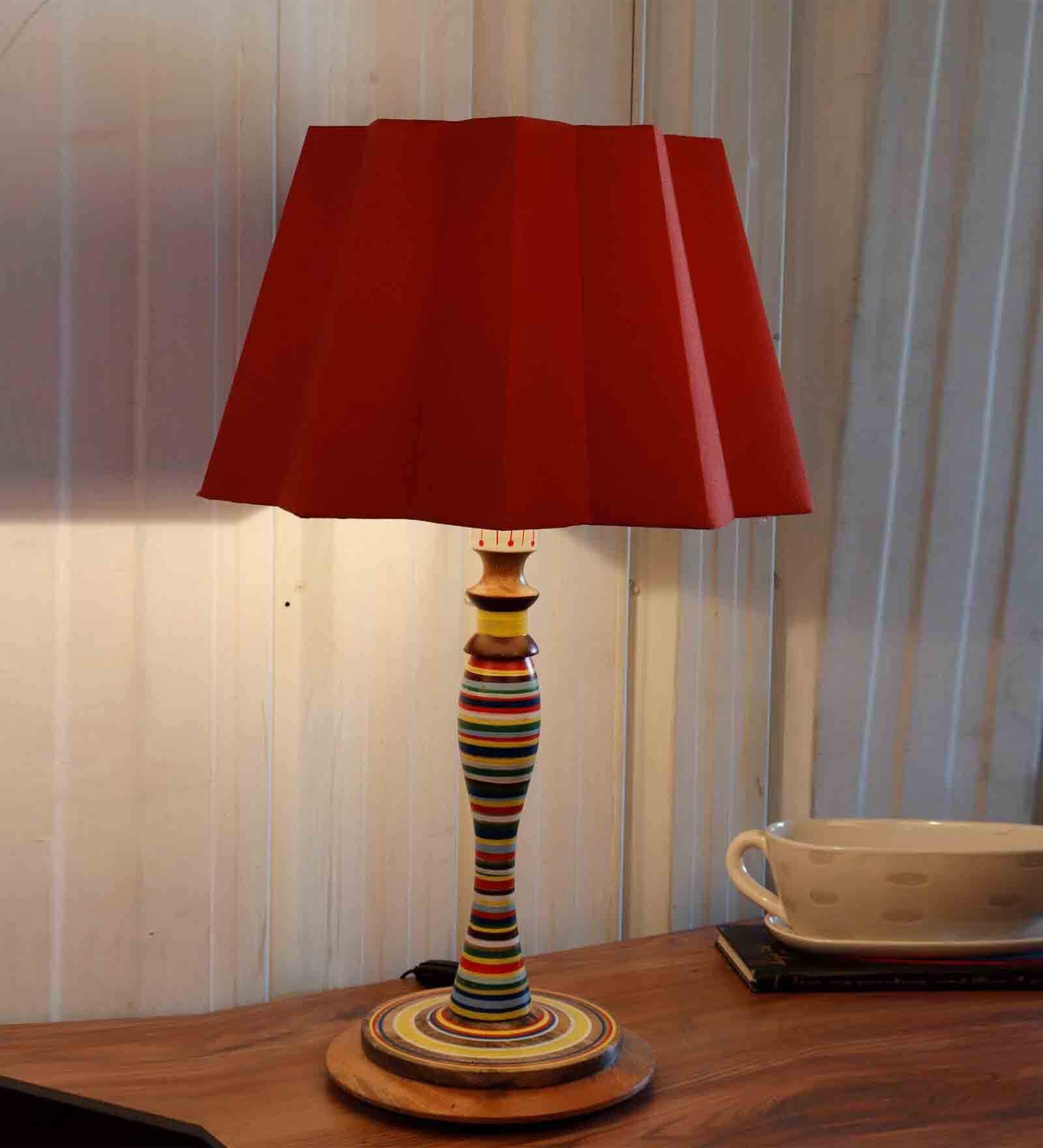 Buy Concave Red Fabric Shade Night Lamp With Wood Base at 37% OFF by ...