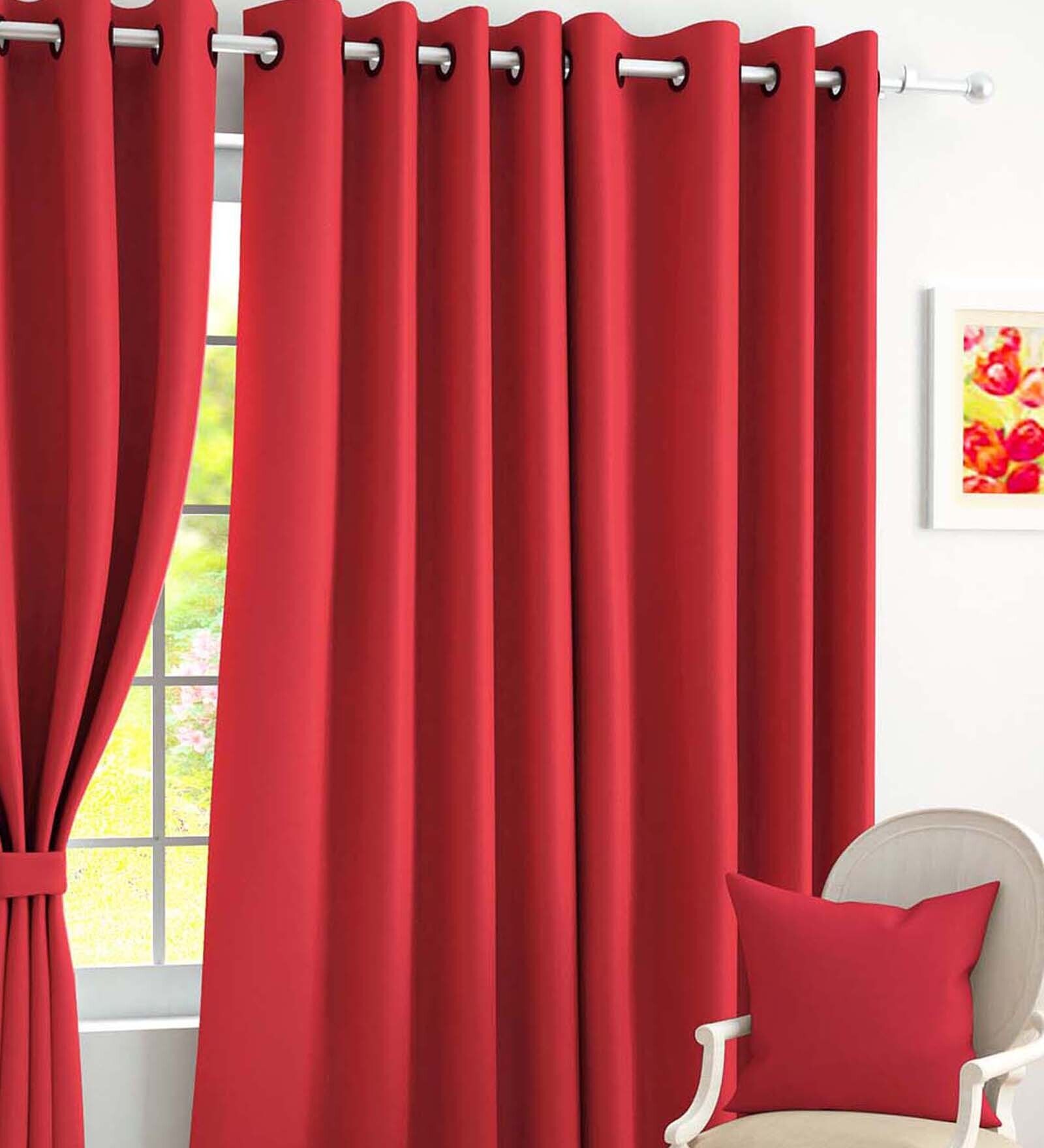 Buy Red Solid Faux Silk 7 Ft Blackout Eyelet Door Curtains (Set of 2 ...