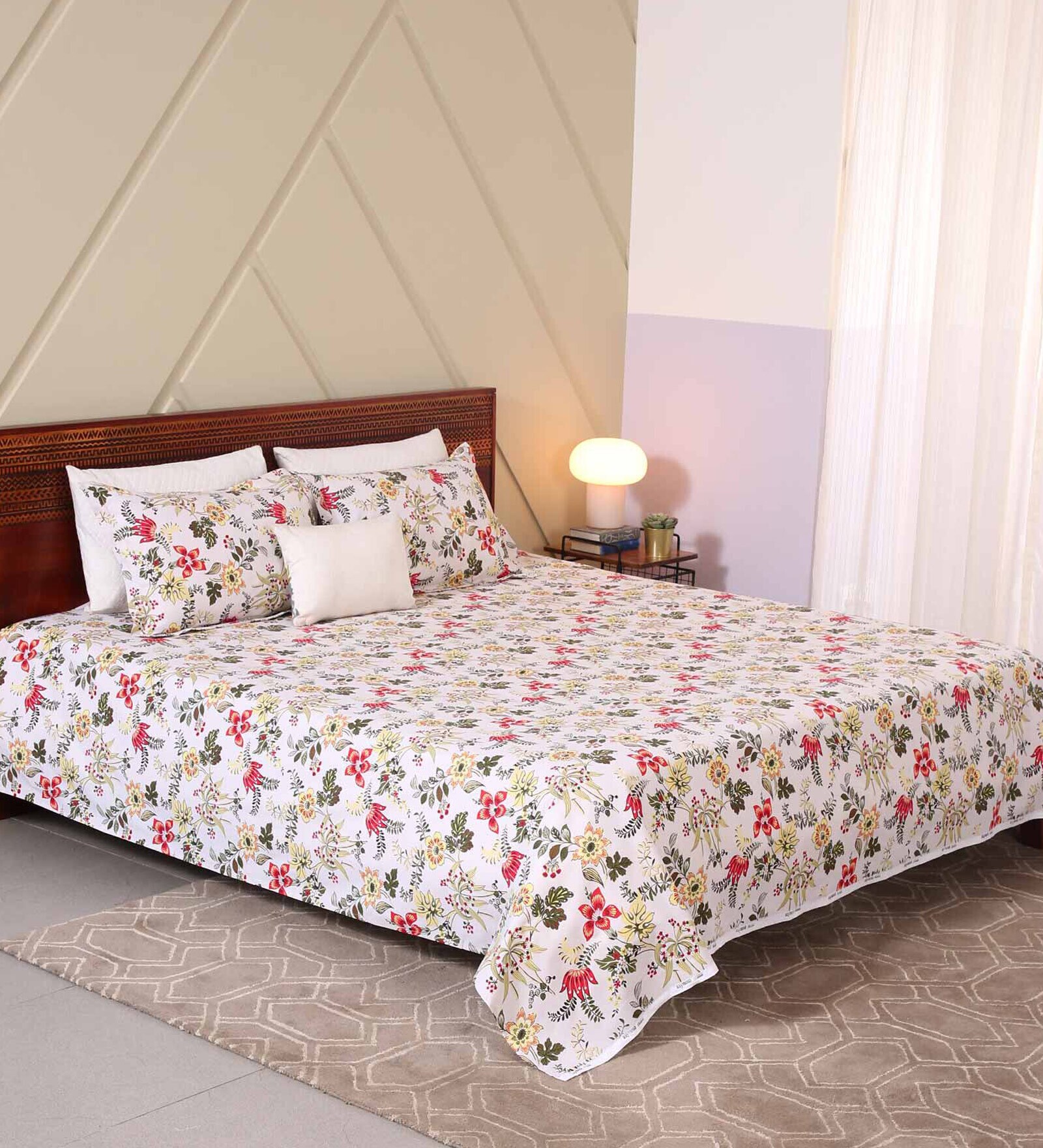 Buy Red Floral 120 TC Cotton King Sized Bed Sheets with 2 Pillow Covers ...