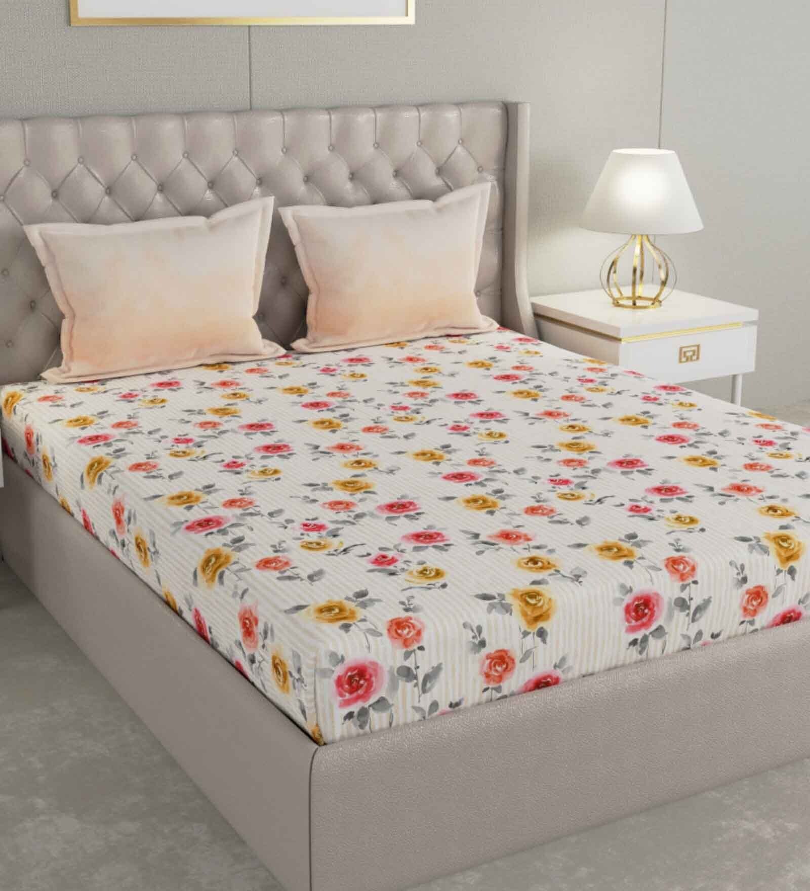 Buy Red Floral 144 TC Cotton Queen Sized Bed Sheets with 2 Pillow ...