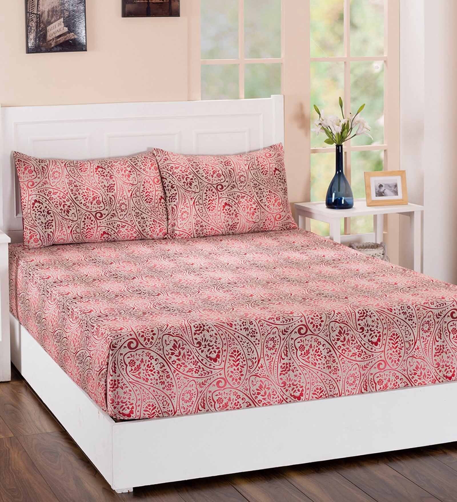 Buy Red Floral 210 TC Cotton 1 Single Bedsheet With 1 Pillow Cover ...