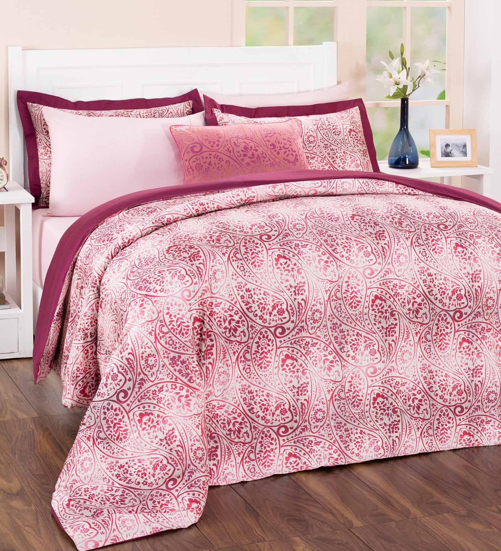 Buy Pink Traditional 210 TC Cotton 8 Pieces Bedding Set Folklore ...