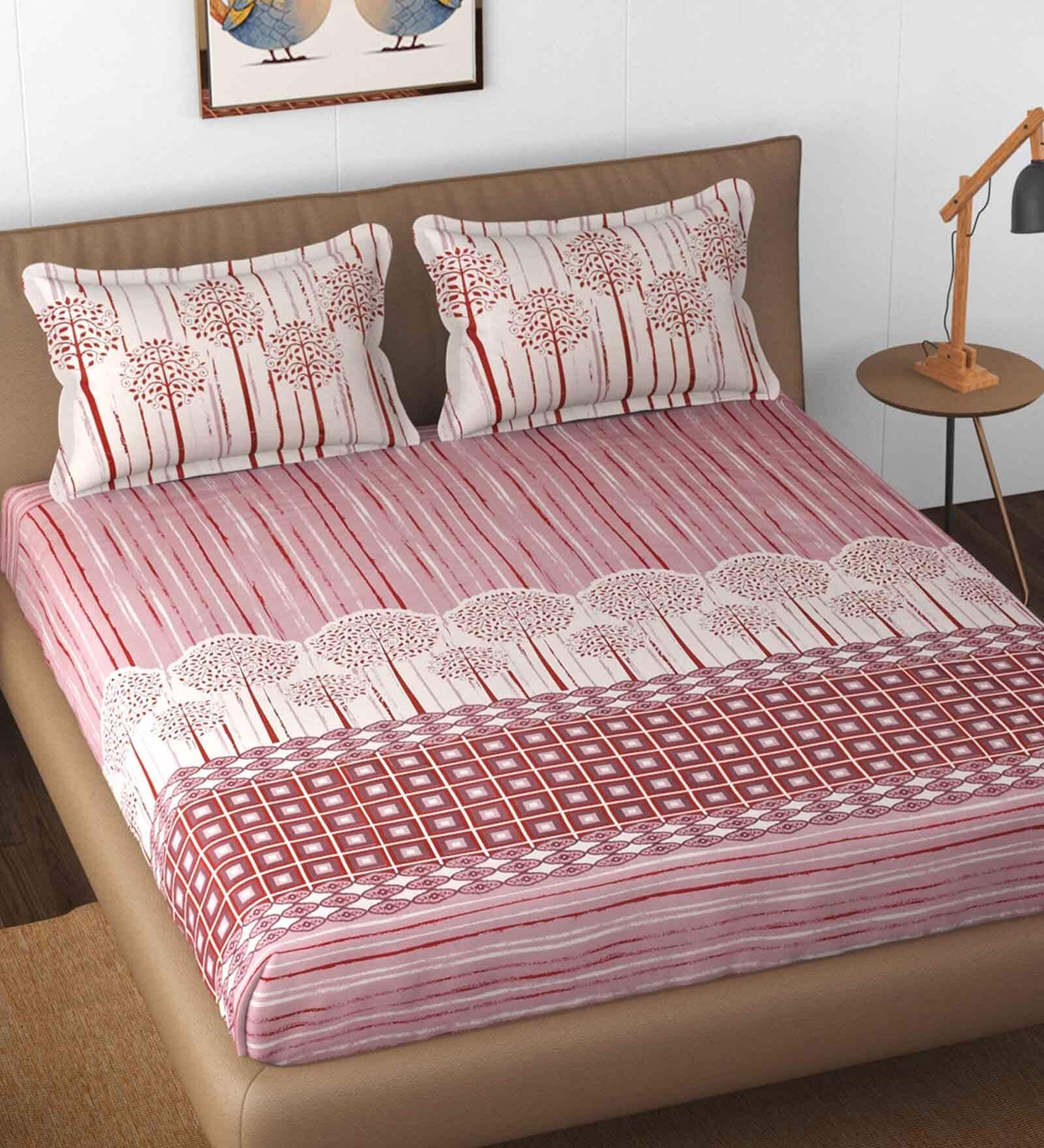 Buy Red Floral 210 TC Cotton King Sized Fitted Bed Sheets with 2 Pillow ...