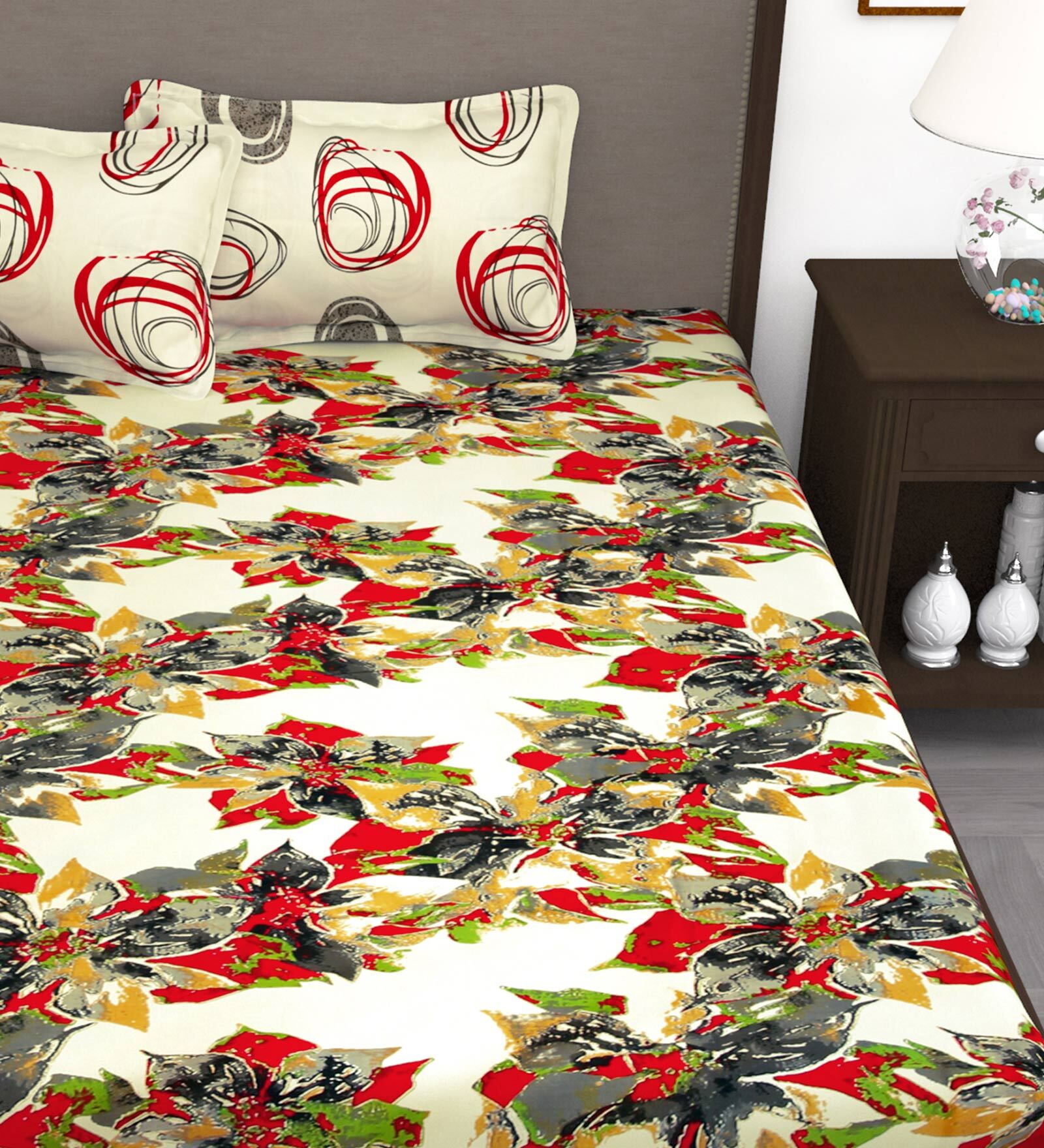 Buy Red Floral 250 TC 100% Cotton Double Bedsheet with 2 Pillow cover ...
