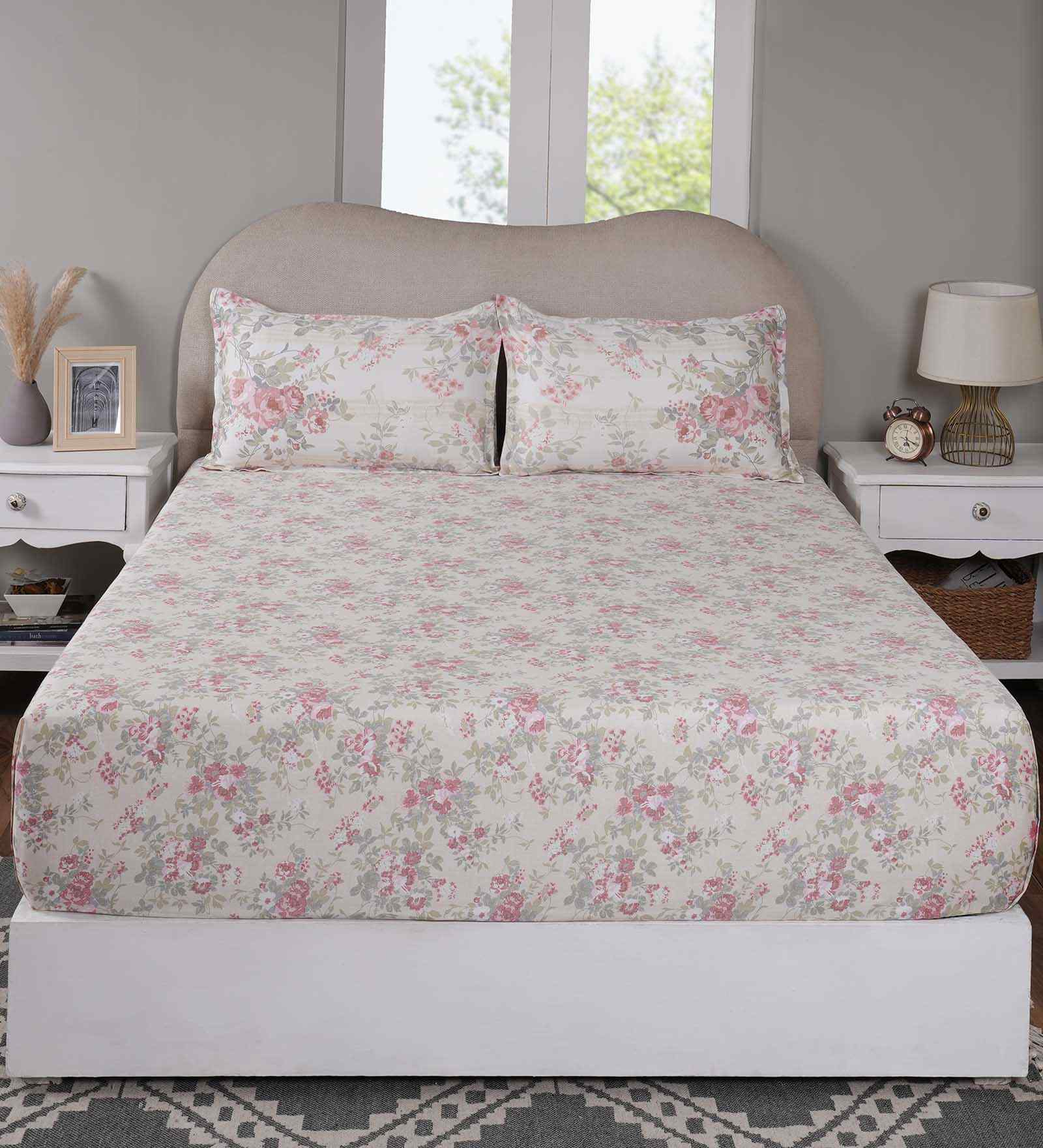 Buy Red Floral Print 300 TC Cotton Double Bed Fitted Sheet with 2 ...