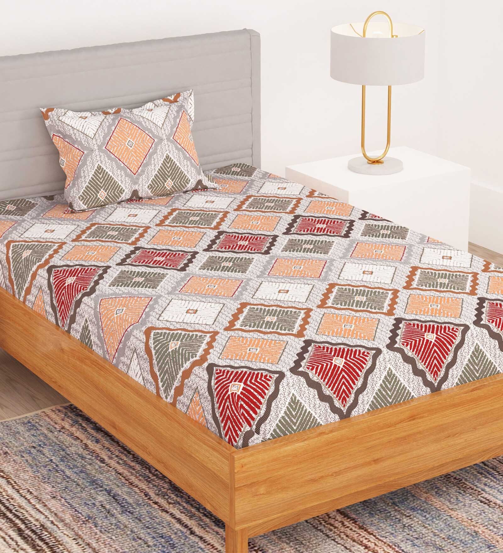 Buy Red Geometric 180 TC Microfiber Single Size Bedsheet with Pillow ...