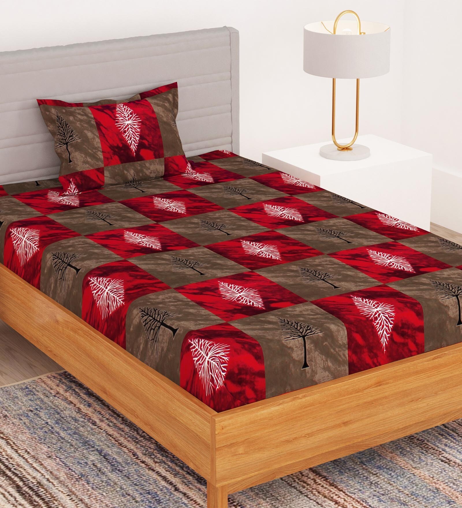 Buy Red Geometric 180 TC Microfiber Single Size Bedsheet with Pillow ...