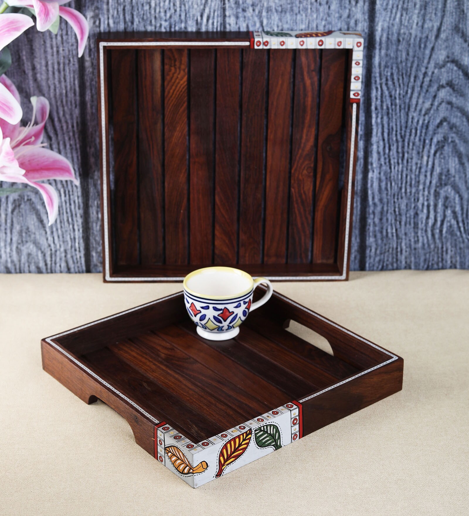 Buy Wooden Square Serving Trays Set of 2 by VarEesha Online - Serving ...