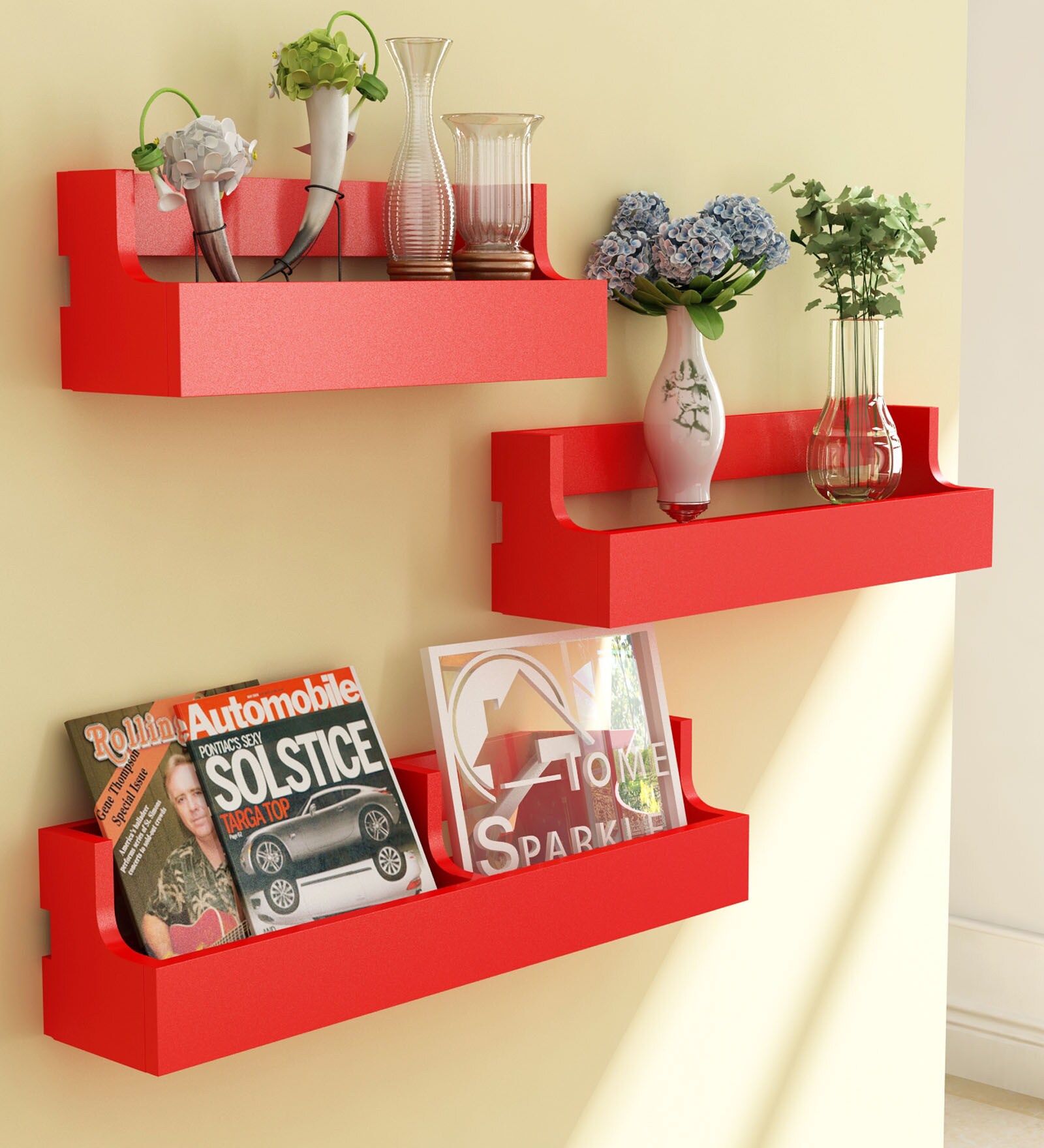 Buy Set of 3 Engineered Wood 3 Pocket Floating Wall Shelf in Red Colour ...