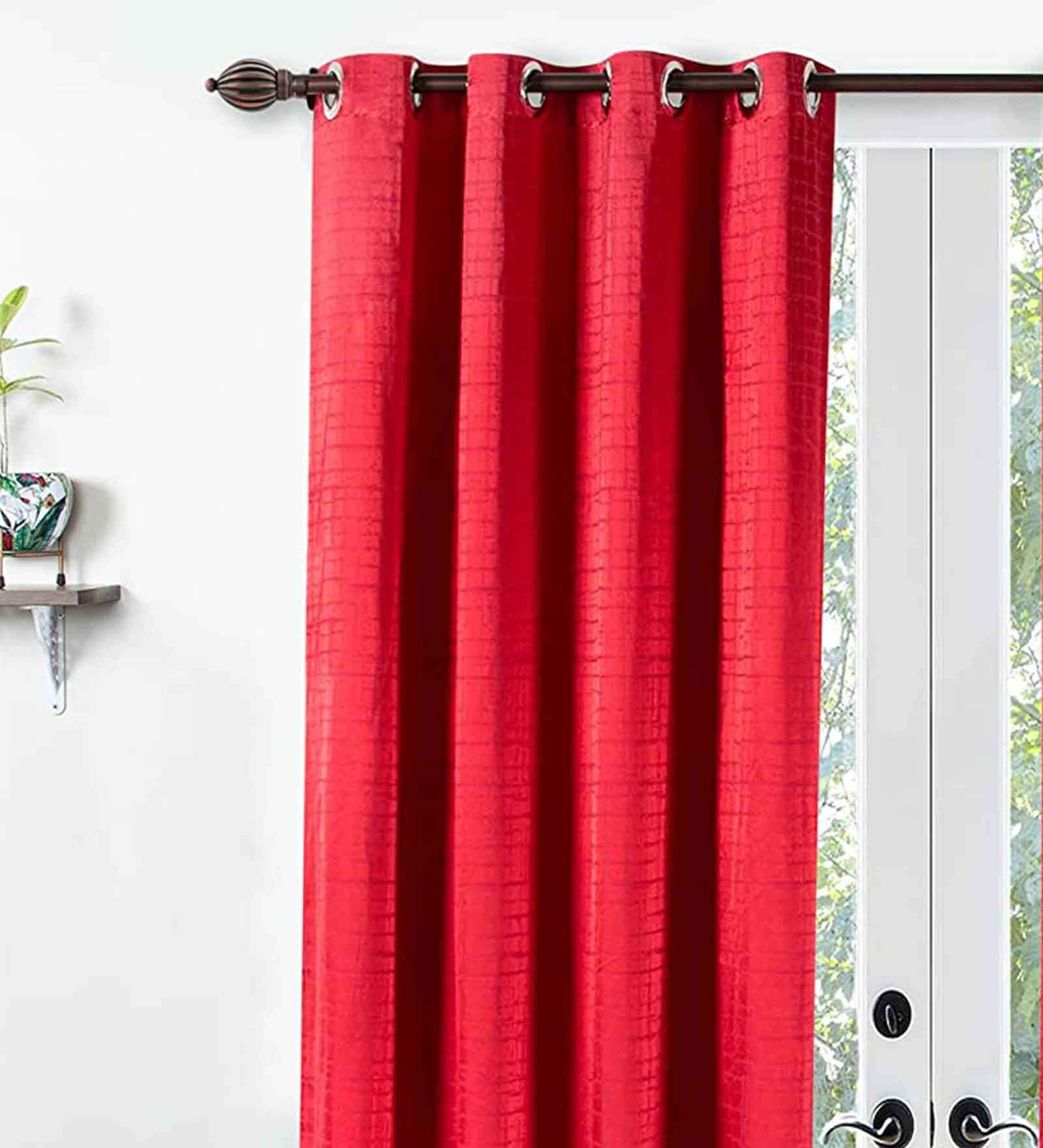 Buy Red Polyester Solid 8 Ft Semisheer Eyelet 2 Door Curtains By Deco ...