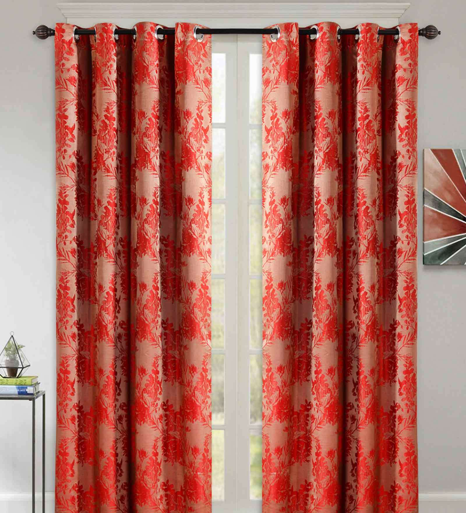 Buy Orange Polyester Floral 9 Ft Blackout Eyelet 2 Door Curtains By ...