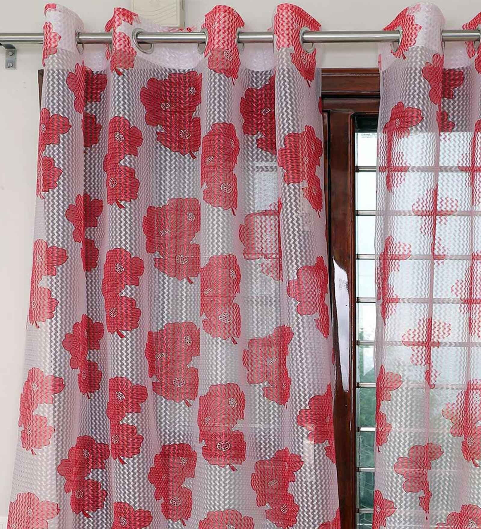 Buy Red Polyester Floral 9 Ft Sheer Eyelet 2 Door Curtains at 54% OFF ...