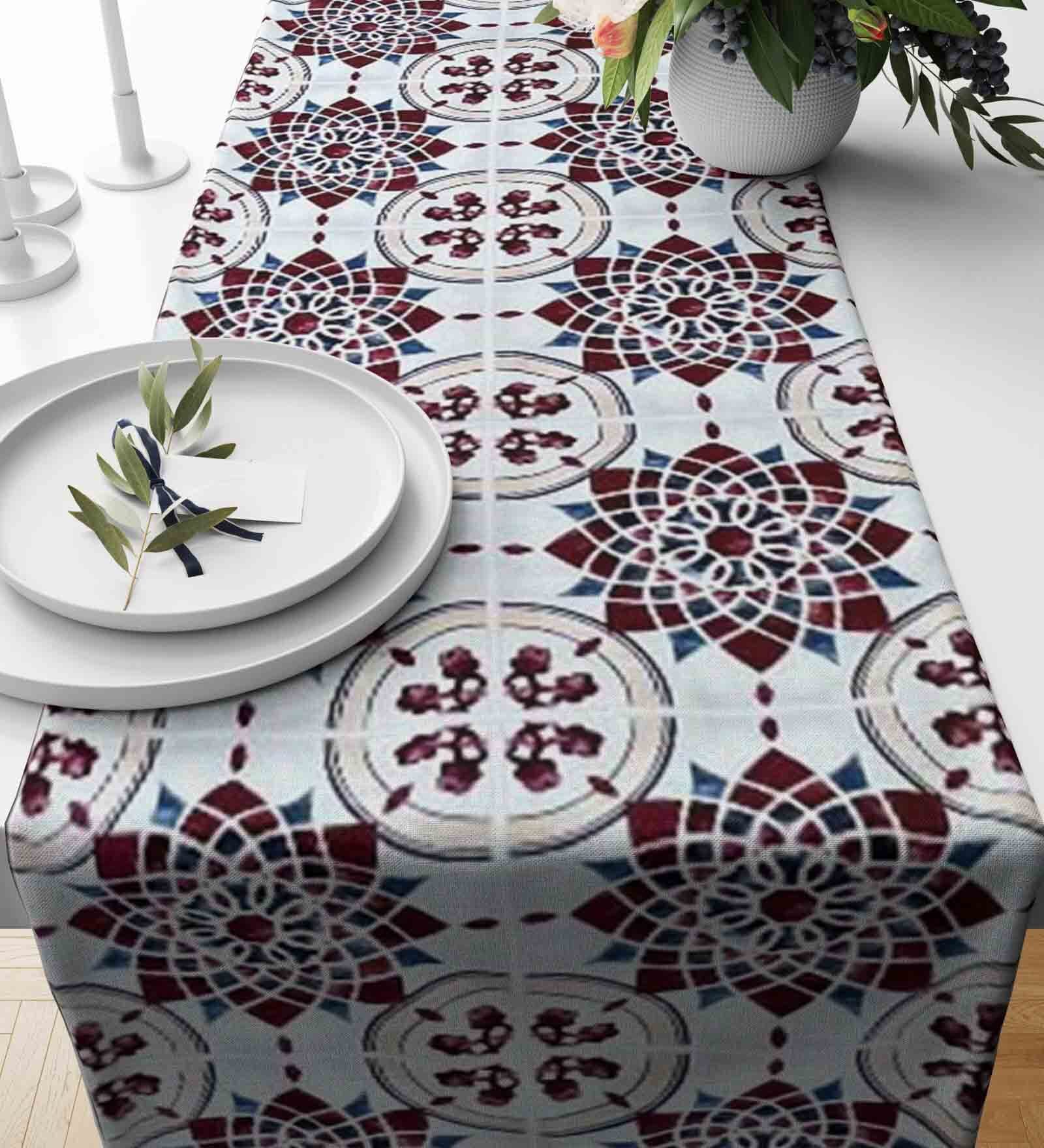 Buy Red Tile Polyester Geometric 72x13 Inches Table Runner by Tasseled ...