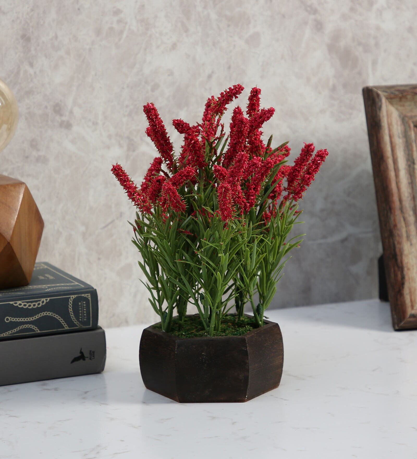 Buy Red Polyester Hogla Leaves Flowering Artificial Plant With Wooden ...