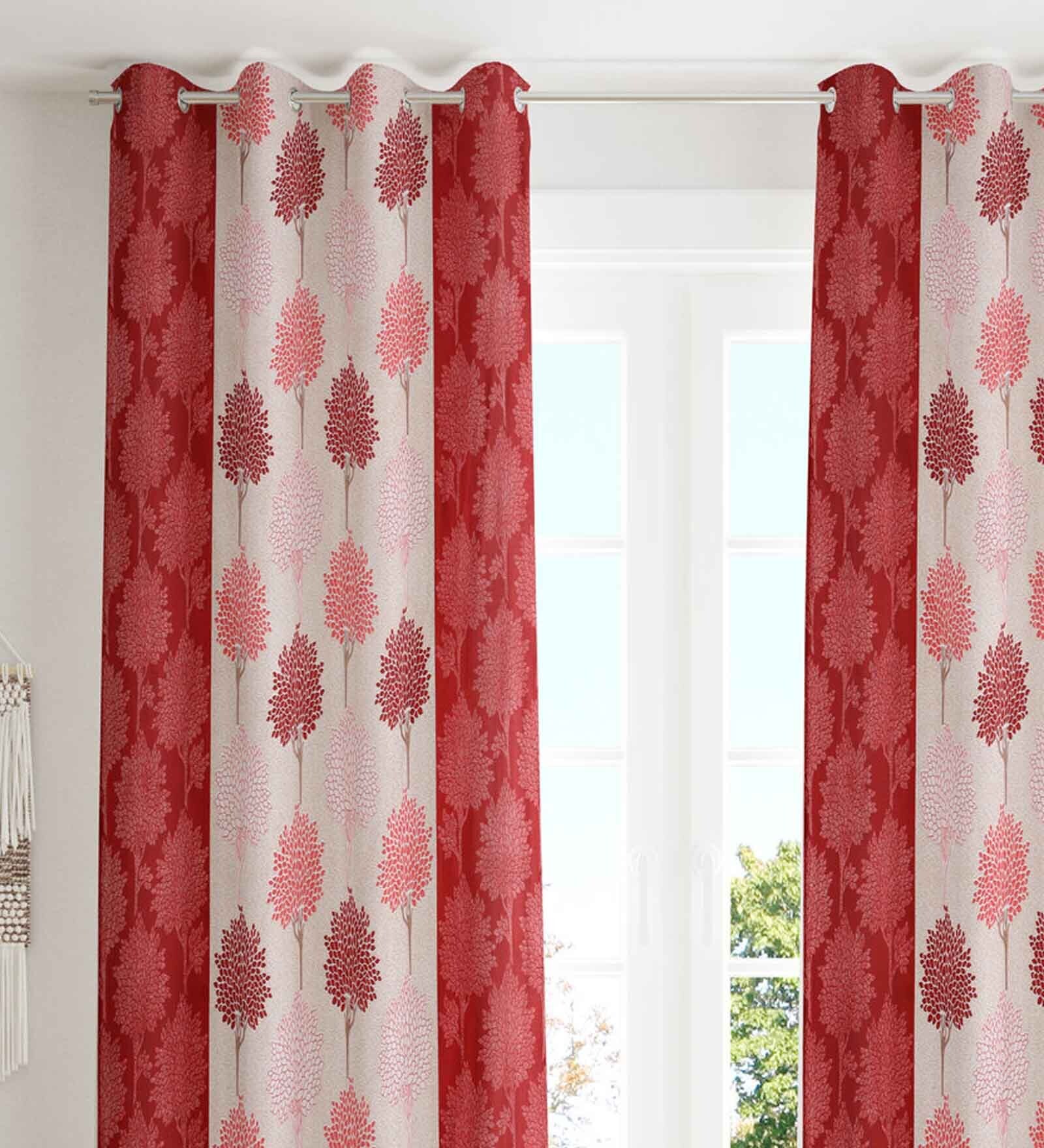 Buy Red Floral Polyester 9 Ft Semisheer Eyelet Door Curtains (Set of 2 ...