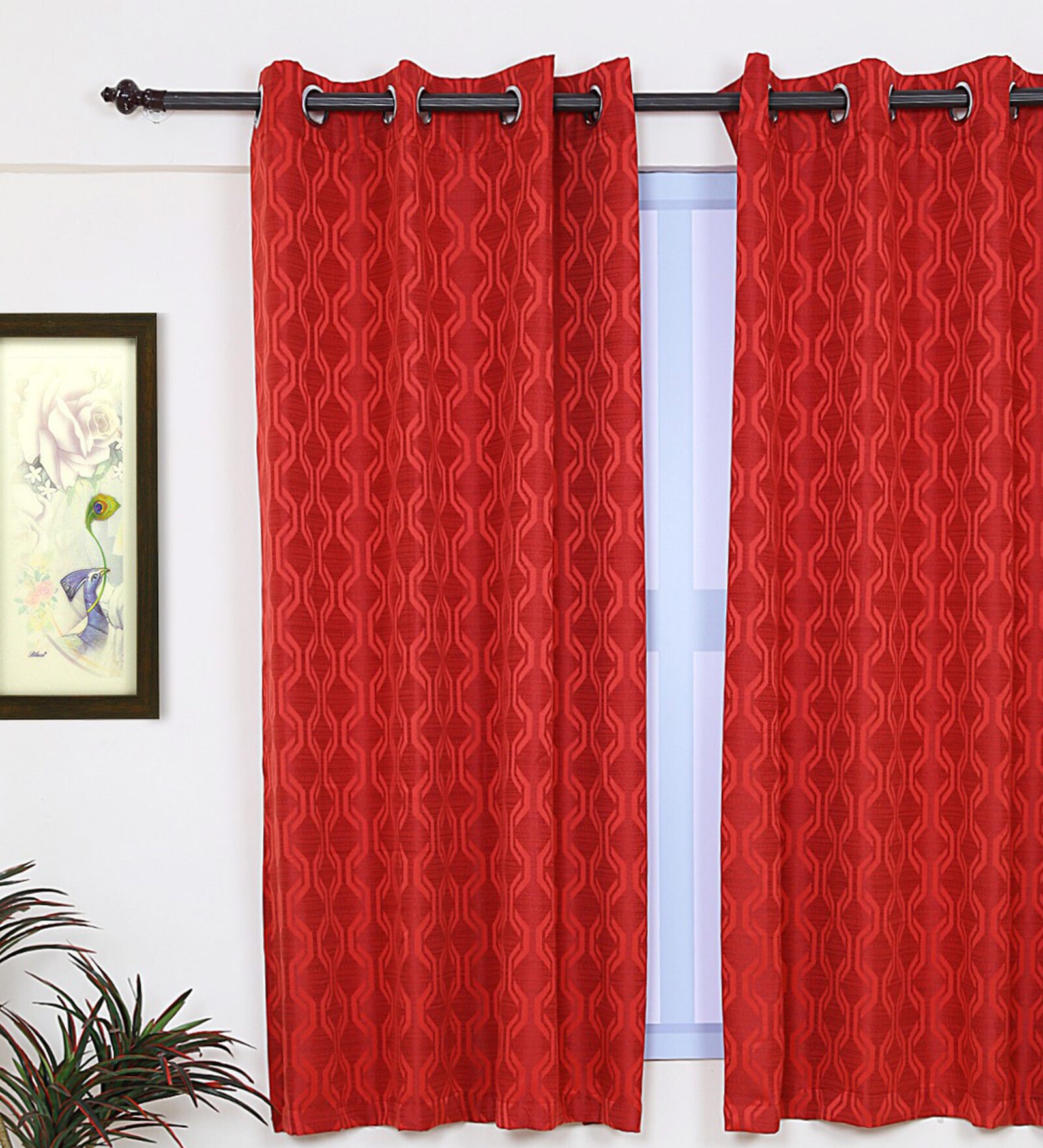 Buy Red Abstract Polyester 5 Ft Semisheer Eyelet Window Curtain by ...