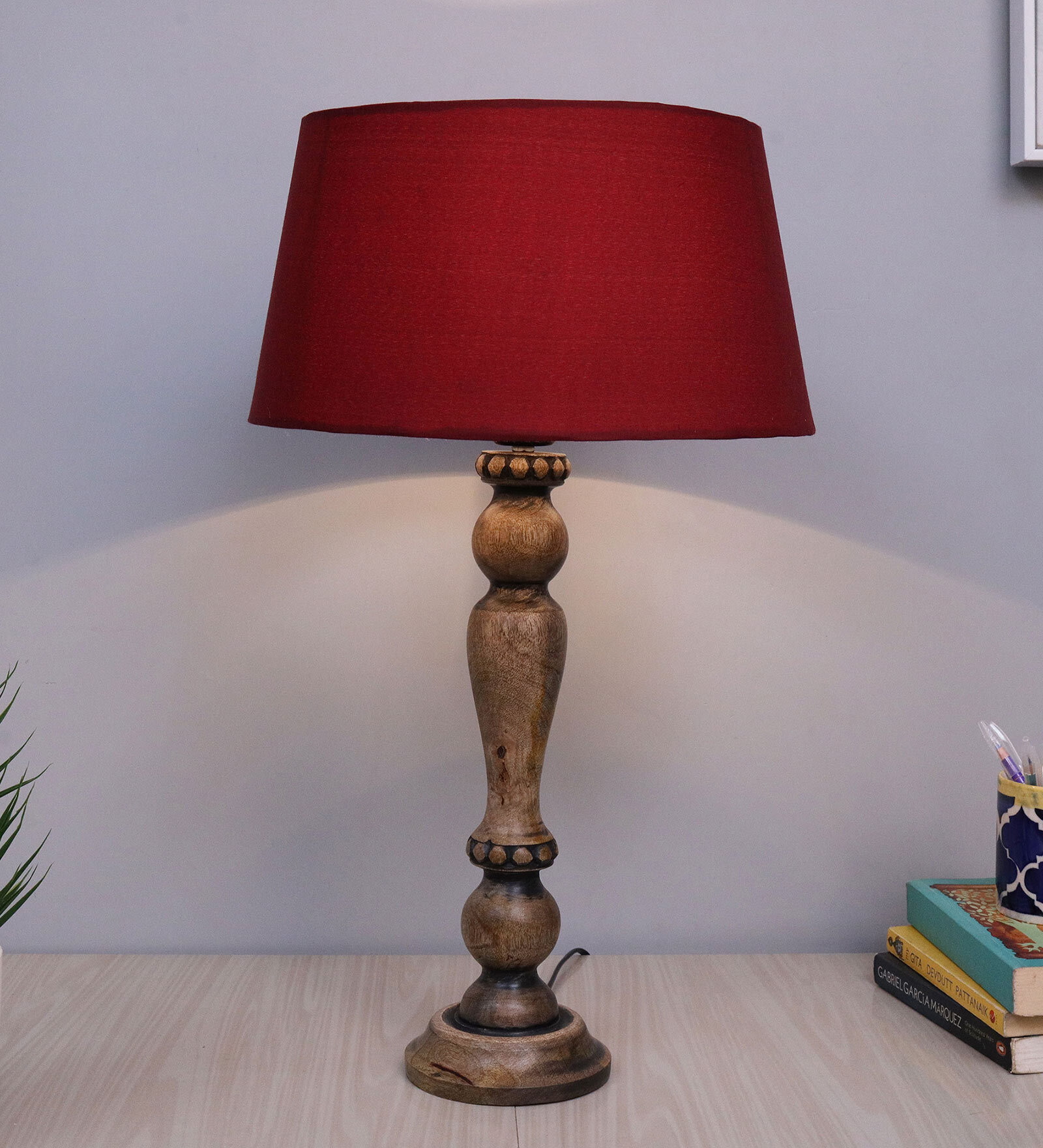 Buy Red Shade Table Lamp With Wooden Base By Homesake at 72% OFF by ...