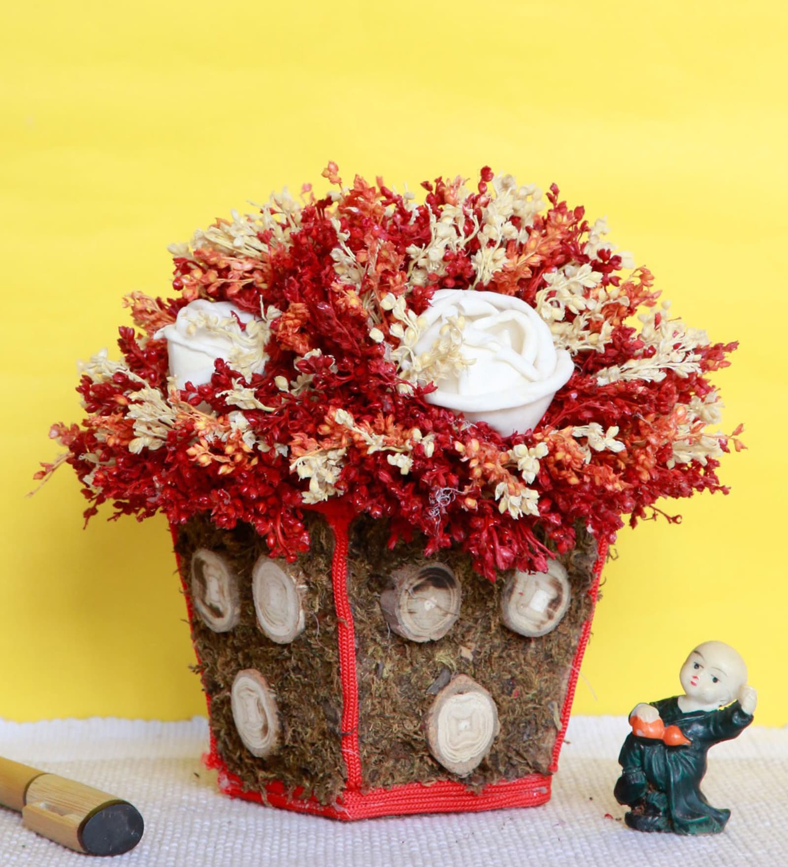 Buy Red Small Table Top Sola Flower Arrangement With Base Decorated ...